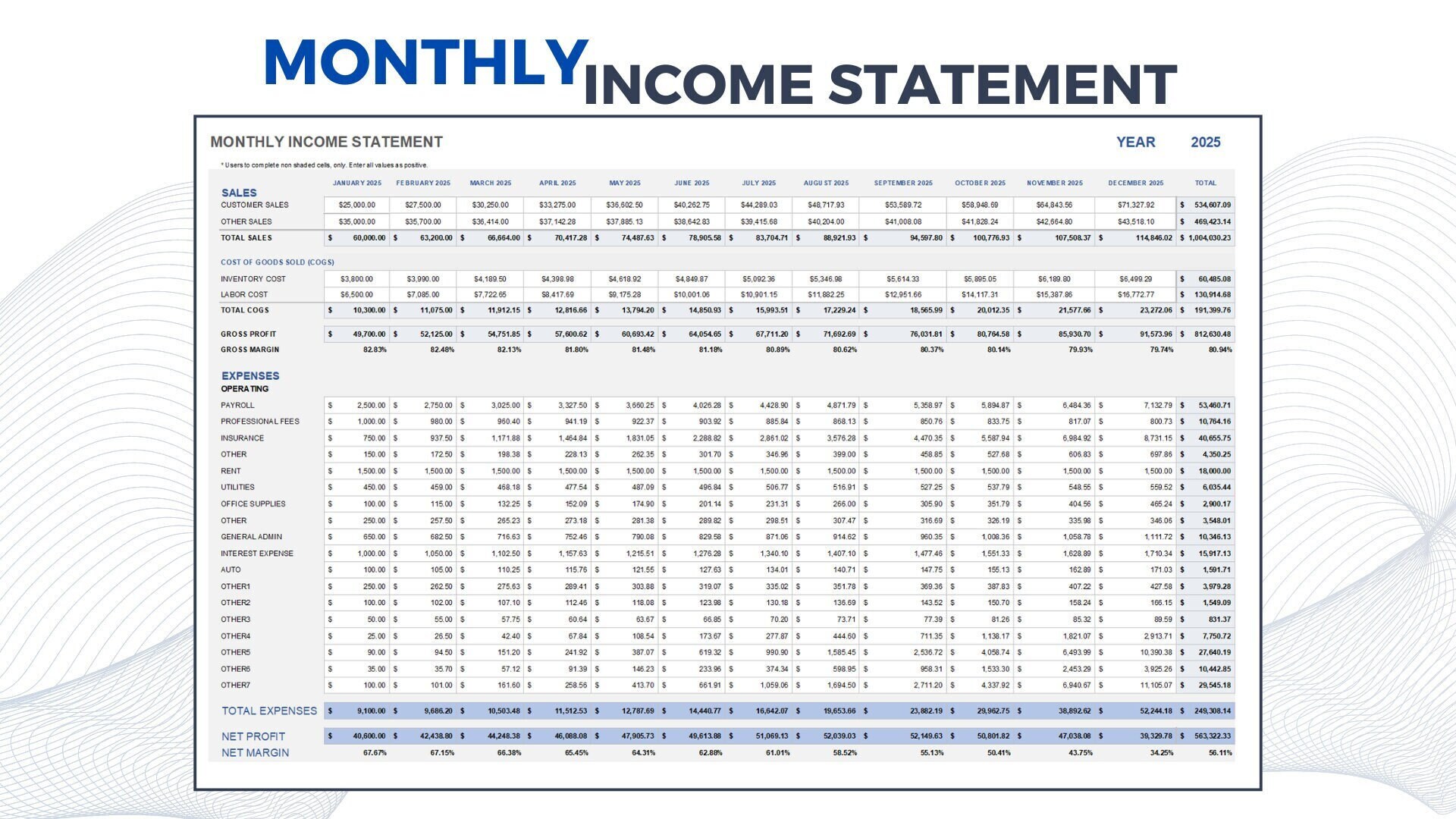 Monthly Profit and Loss Statement, Monthly Income Statement, Sales ...