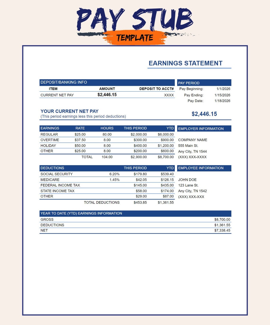 Paystub Template, Earnings Statement, Employee Payroll, Small Business ...