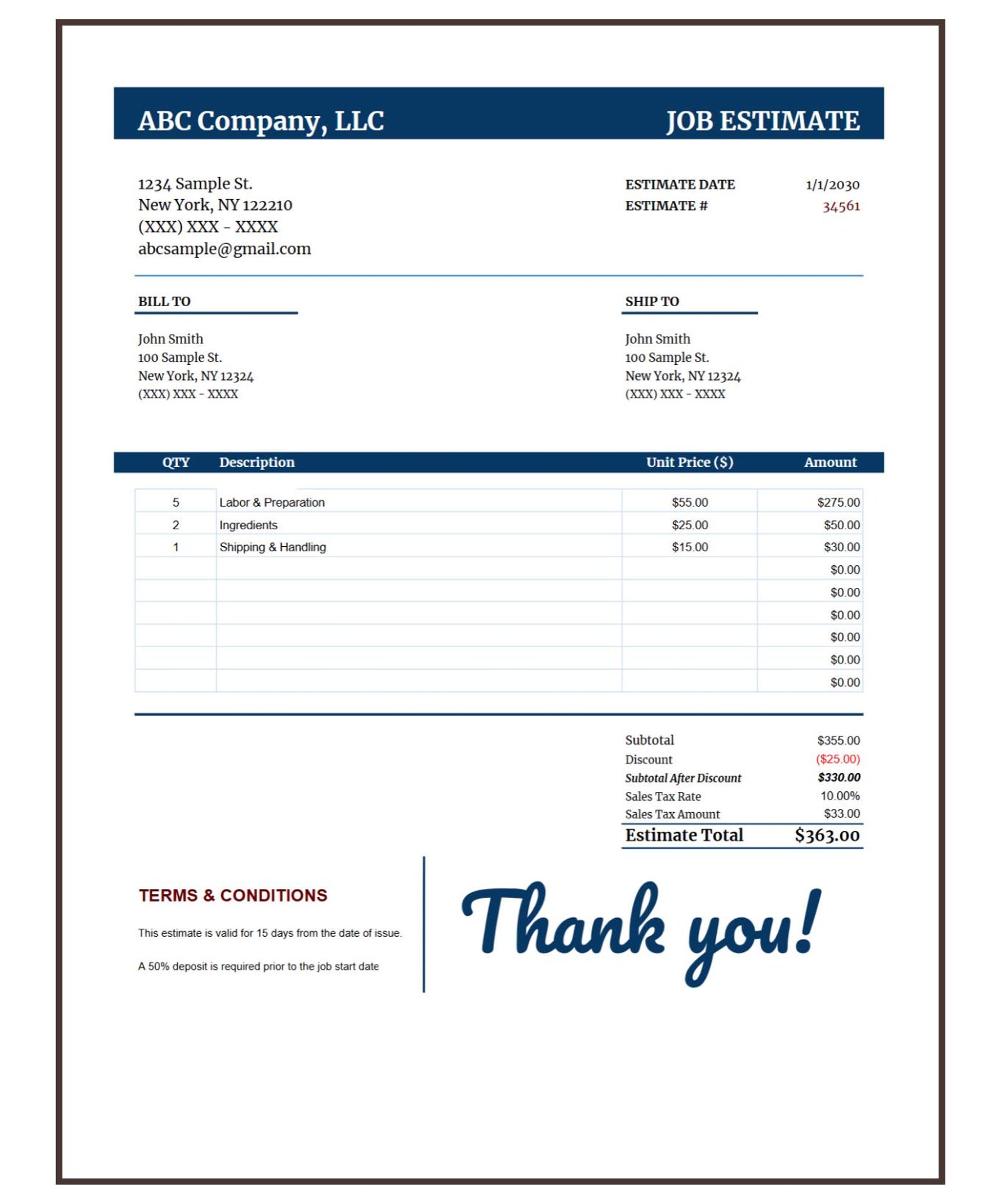 Job Estimate Template: Work Proposal (google Sheets & Excel) - Etsy