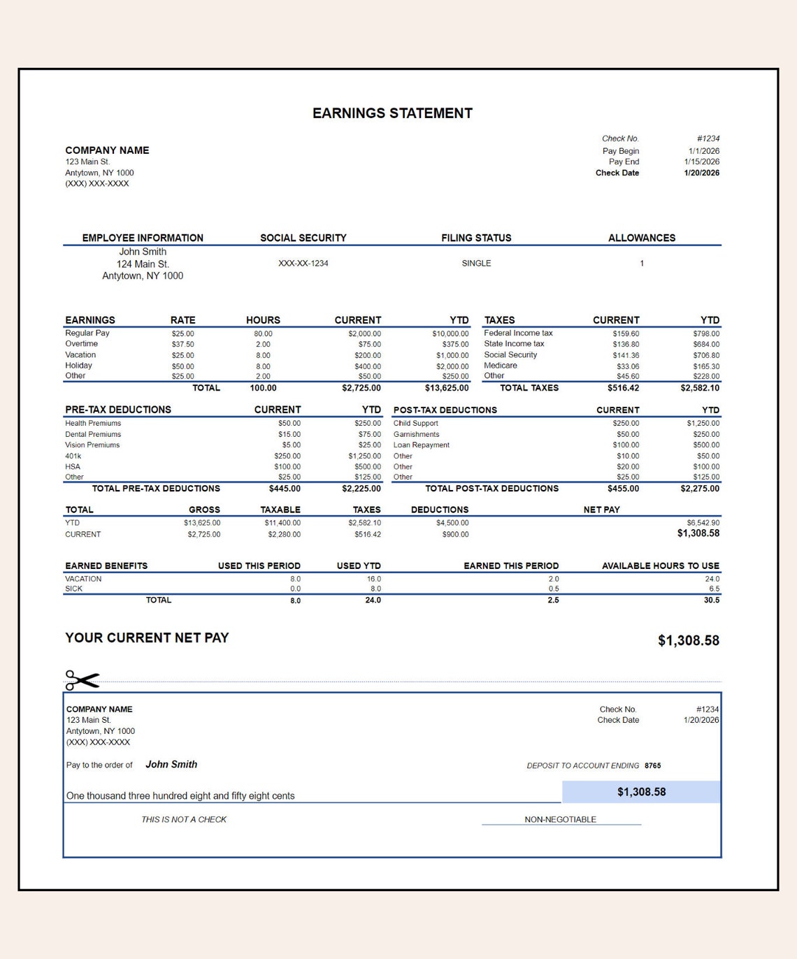 Paystub Template, Earnings Statement, Payroll Template, Payslip ...