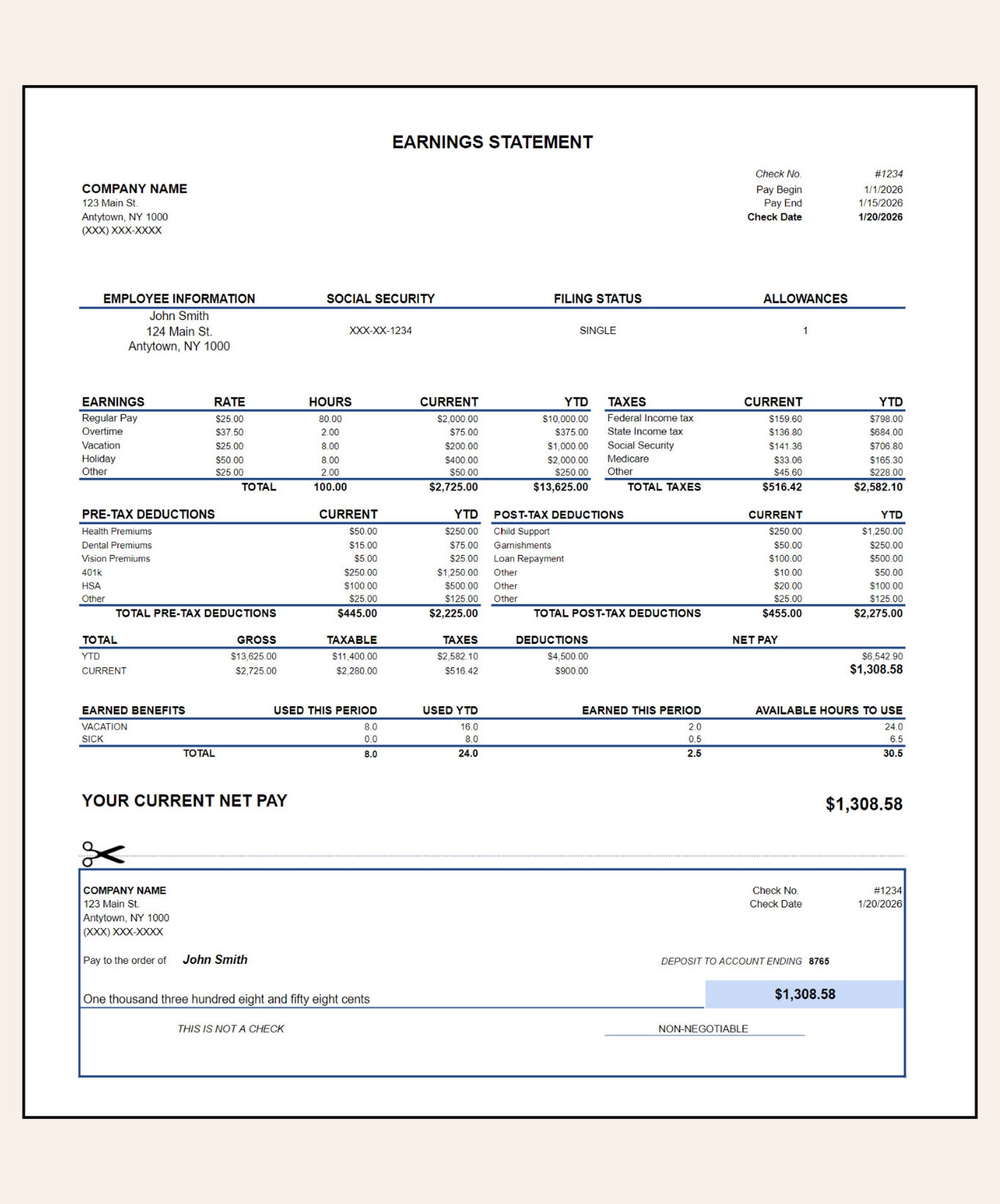 Paystub Template, Earnings Statement, Payroll Template, Payslip ...