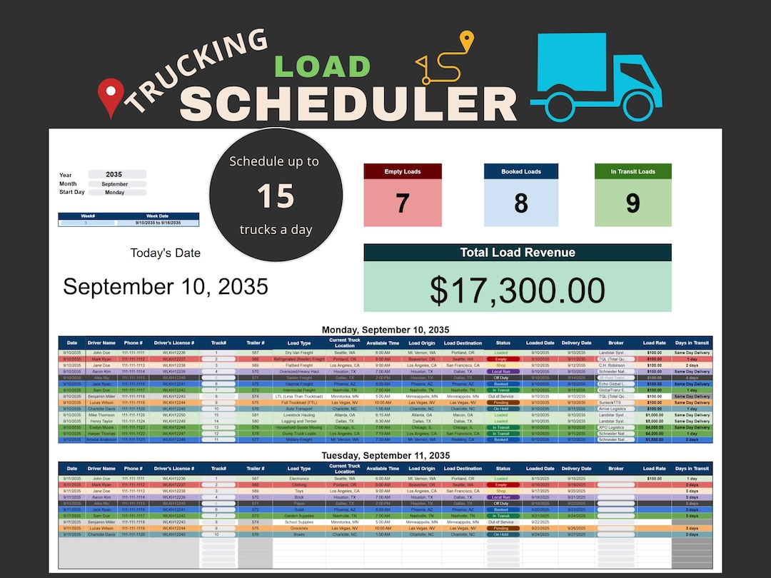 Truck Load Delivery Planner | Scheduling Spreadsheet for Trucking - Etsy