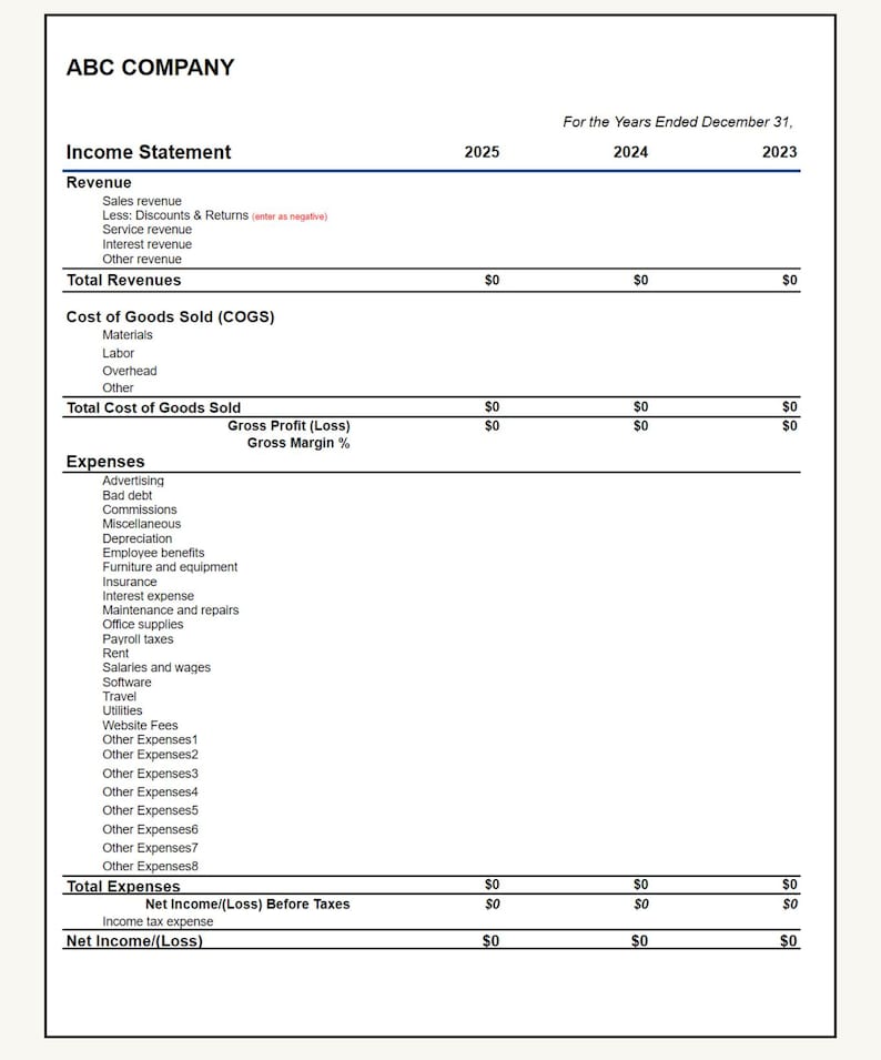 Three-year Profit and Loss Statement Template for Small Business - Etsy