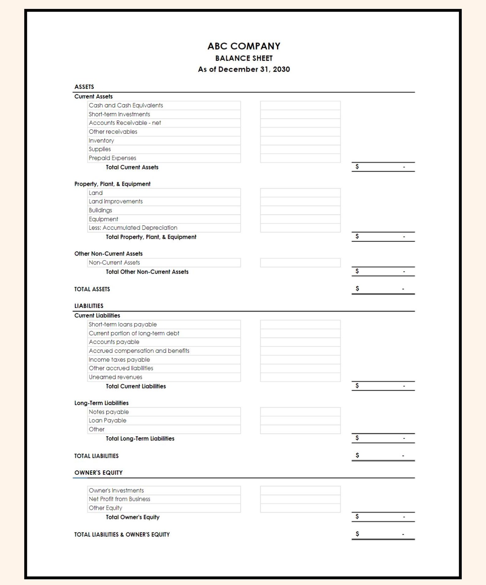 Balance Sheet Template: Small Business Financial Statement (excel ...
