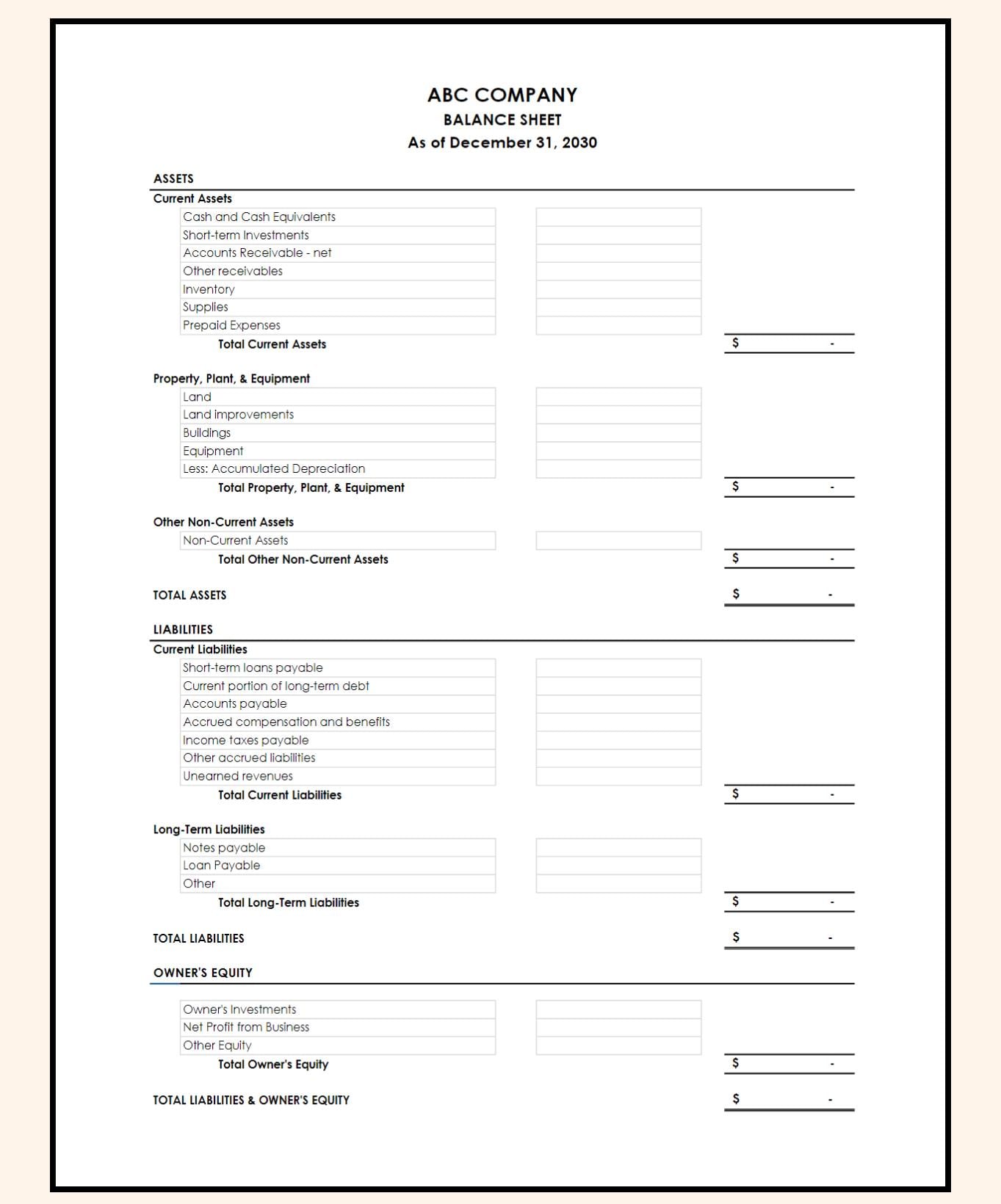 Balance Sheet Template: Small Business Financial Statement (excel ...