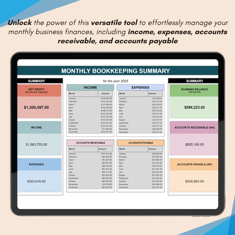 Monthly Bookkeeping Overview, Accounting Spreadsheet, Income Statement ...