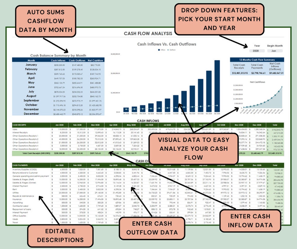 Cashflow Template, Cashflow Forecast, Cashflow Statement, 12 Months ...