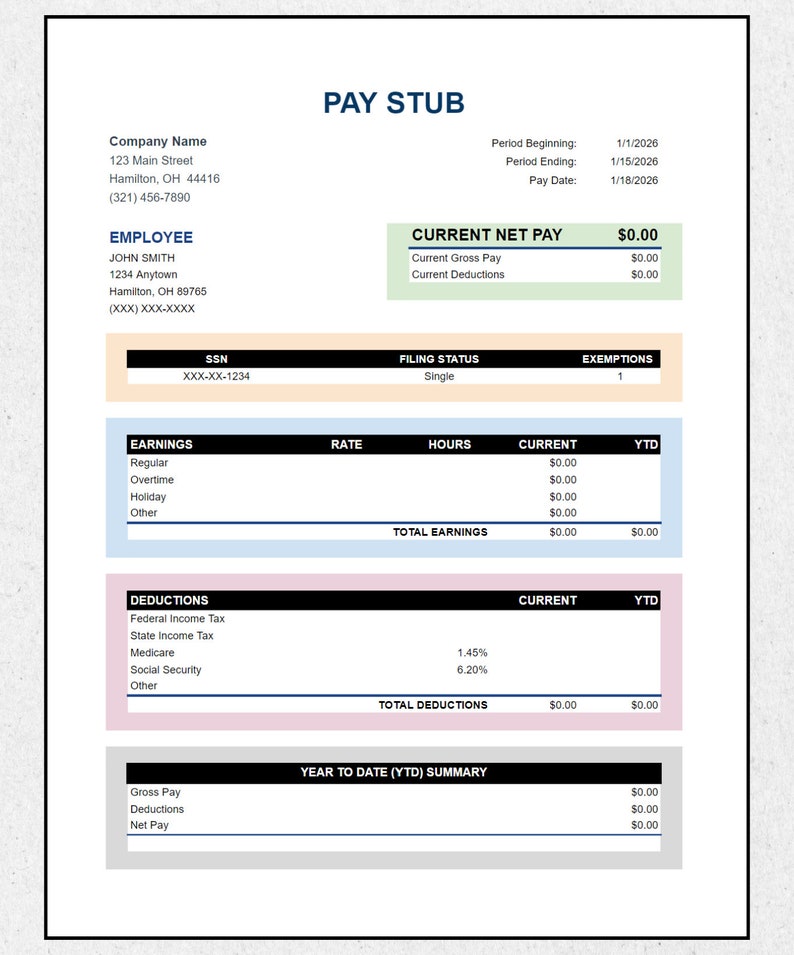 Paystub Template, Earnings Statement, Employee Payroll, Small Business ...