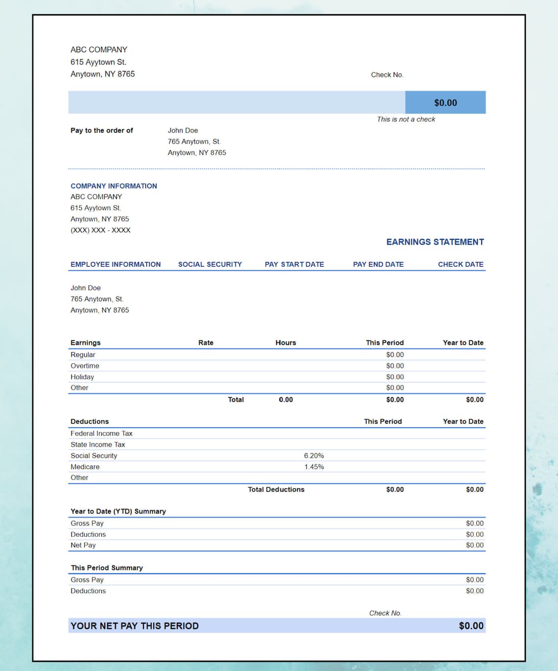 Paystub Template, Earnings Statement, Employee Payroll, Small Business ...