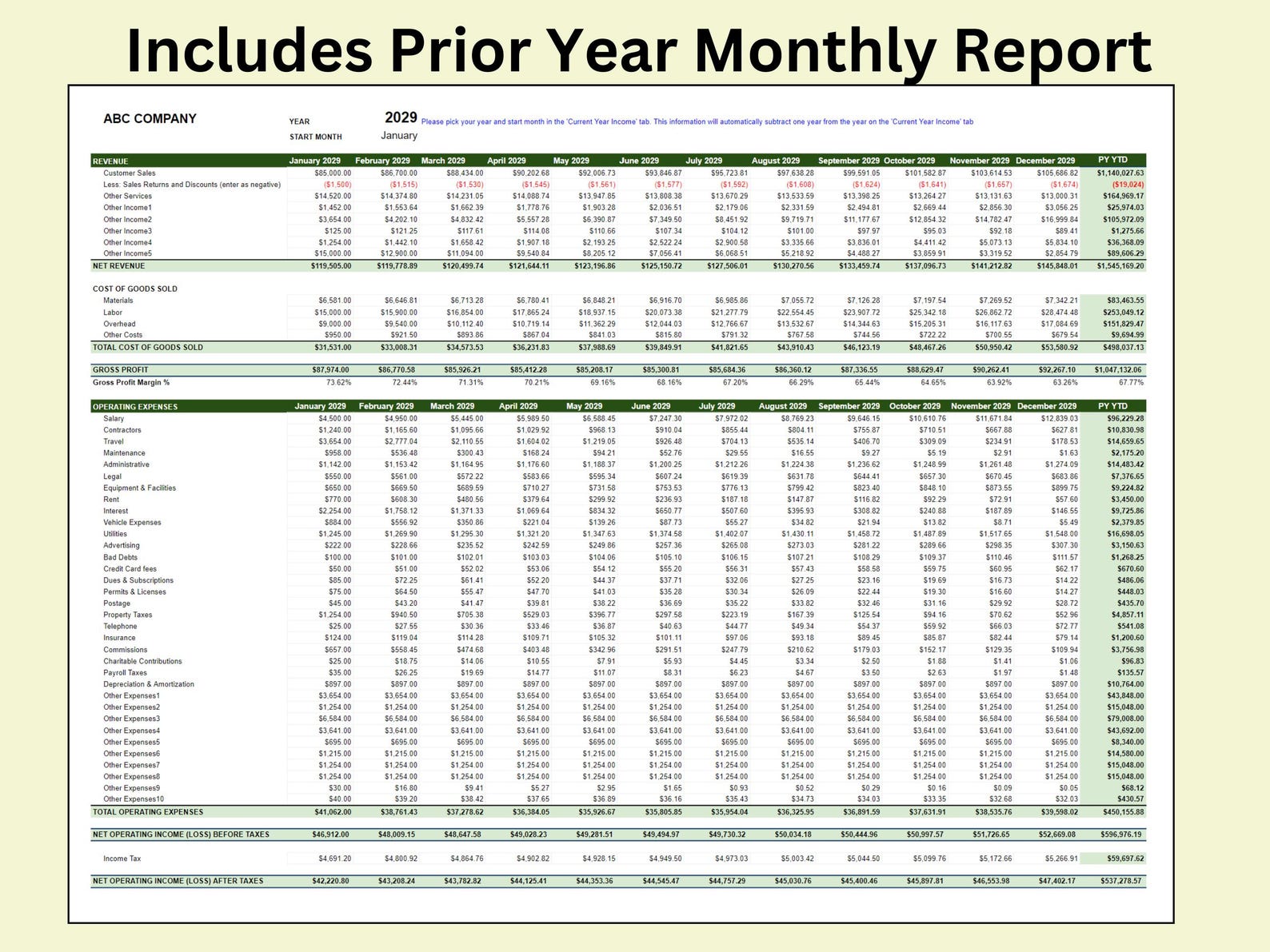 Comparative Income & Expense Spreadsheet | Profit and Loss, YTD and ...