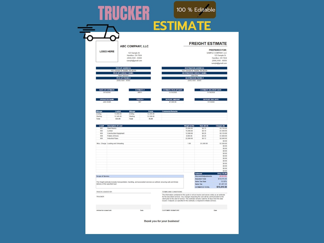 Trucking Estimate Template: Freight, Mileage, Rate - Etsy