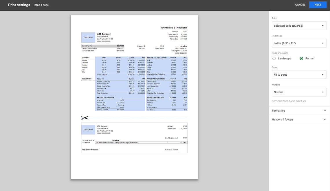 Paystub Template, Earnings Statement, Payroll Template, Payslip ...