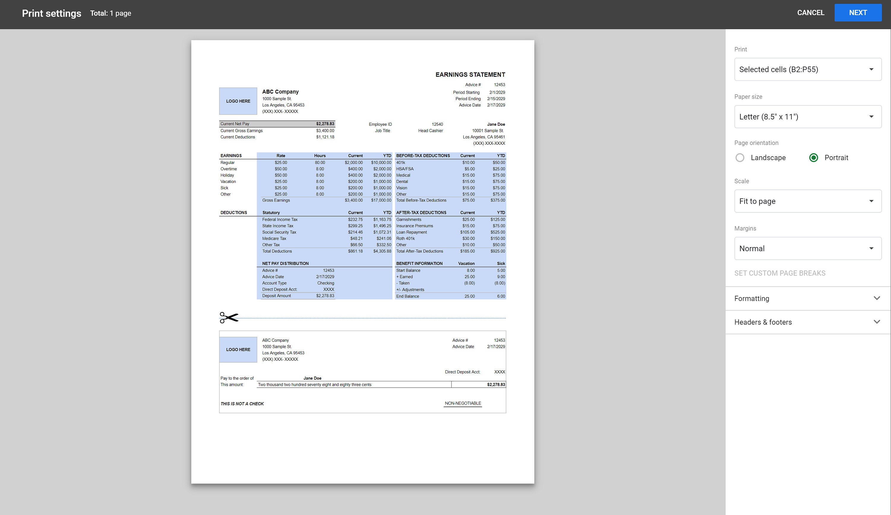 Paystub Template, Earnings Statement, Payroll Template, Payslip ...