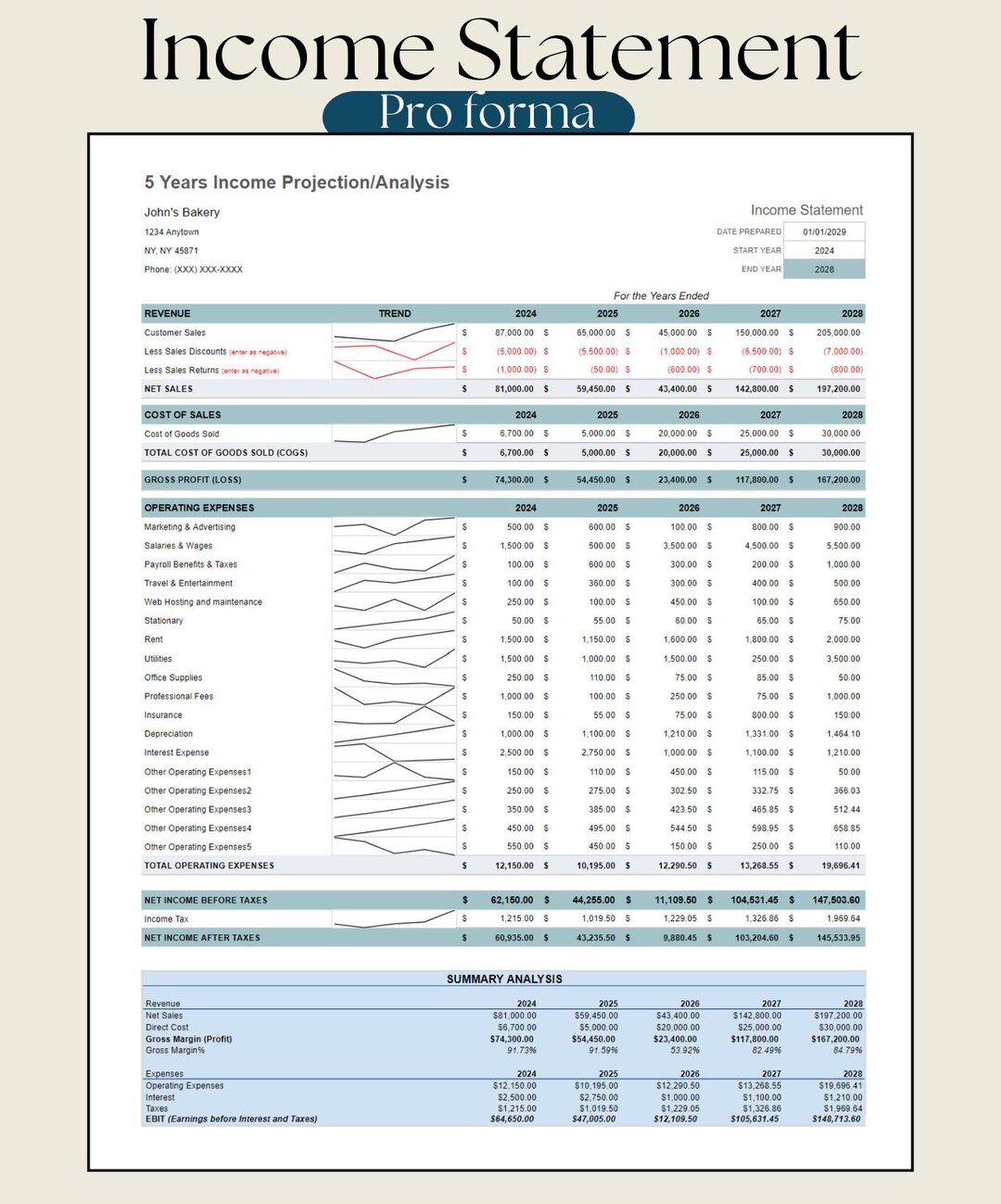 Pro Forma Income Statement Template | 5-year Income & Expense Analysis ...