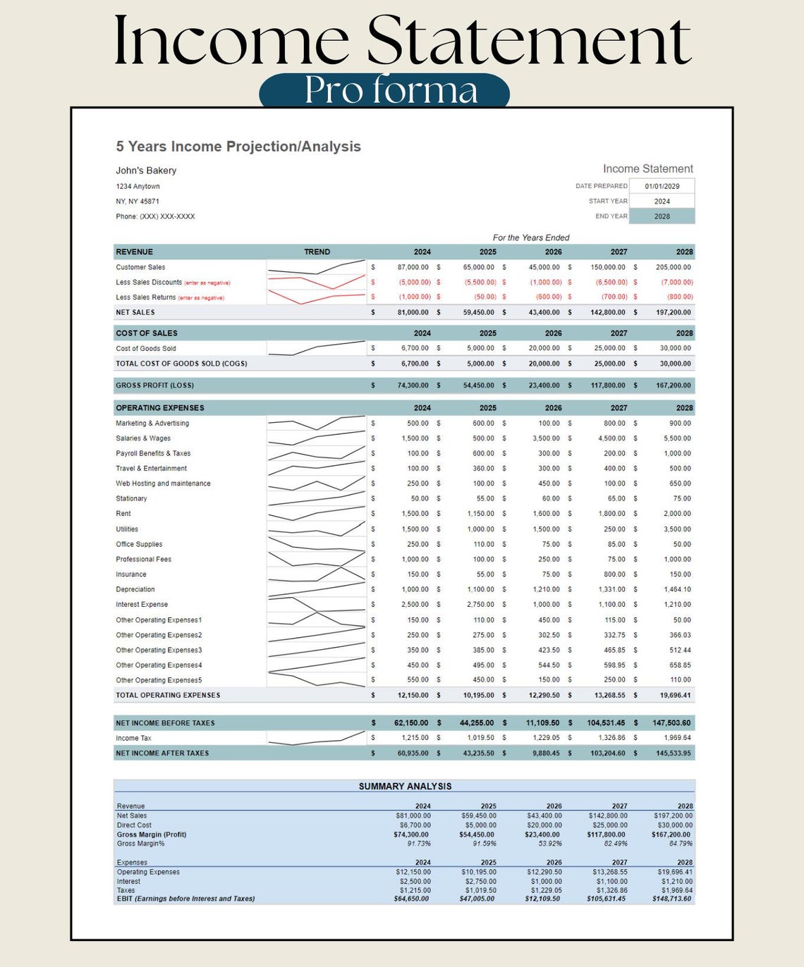 Pro Forma Income Statement Template | 5-year Income & Expense Analysis ...
