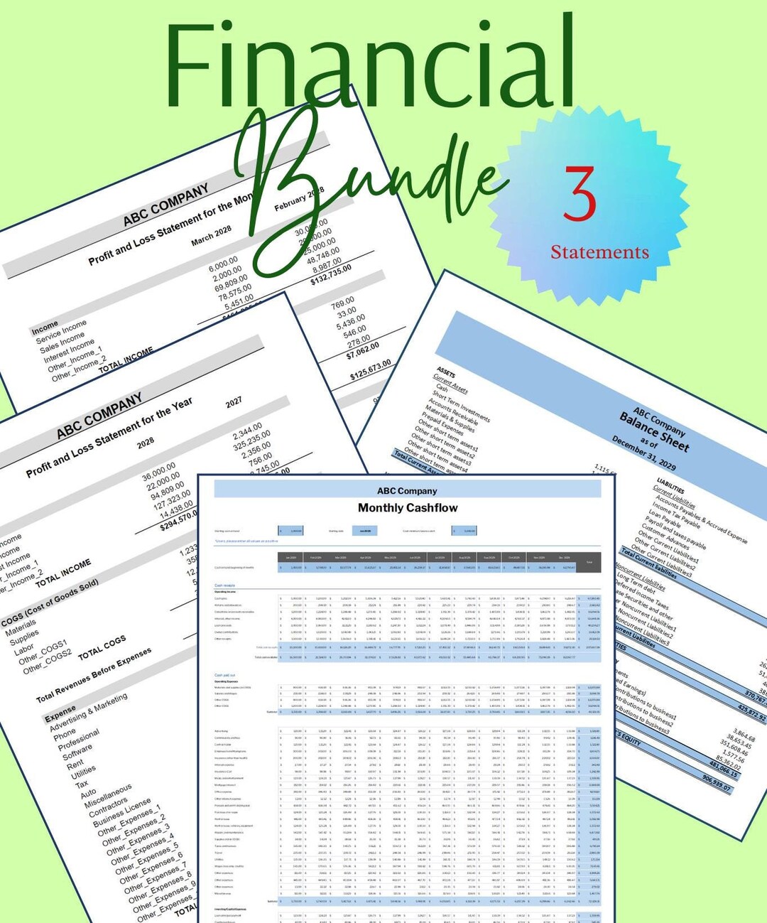 Financial Statements Bundle, Income Statement, Balance Sheet, Profit ...