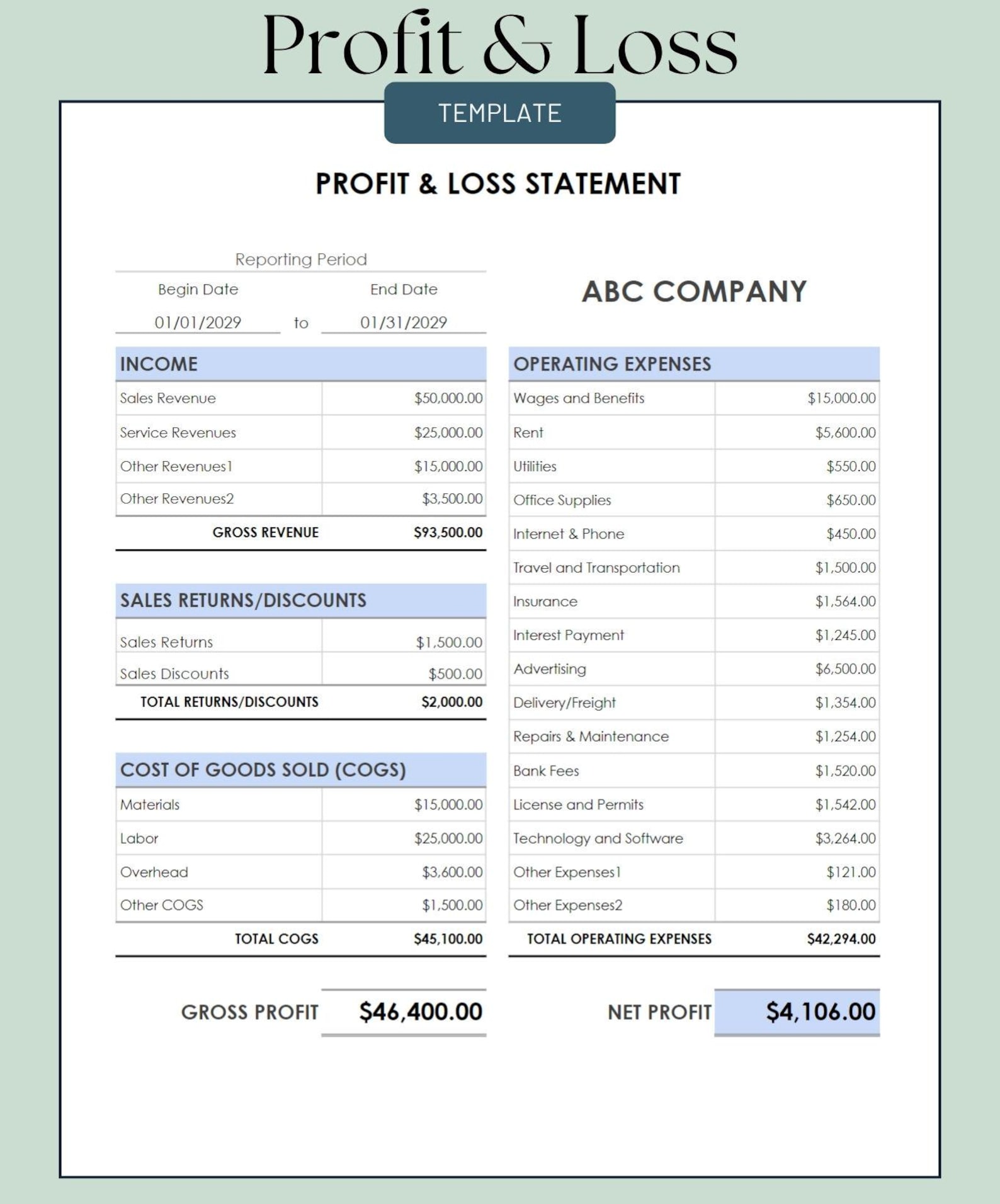 Profit and Loss Statement Template | Simple Income & Expense Sheet - Etsy