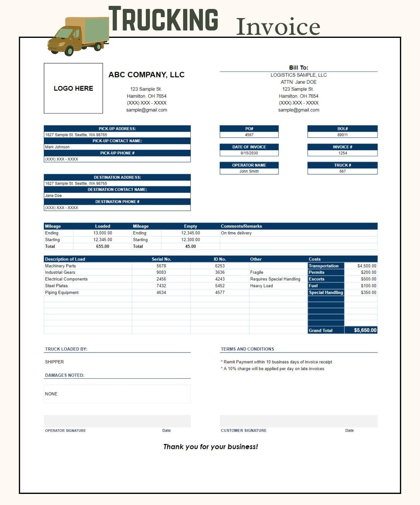 Trucker Invoice, Trucking Invoice Template, Freight Invoice, Bill of ...