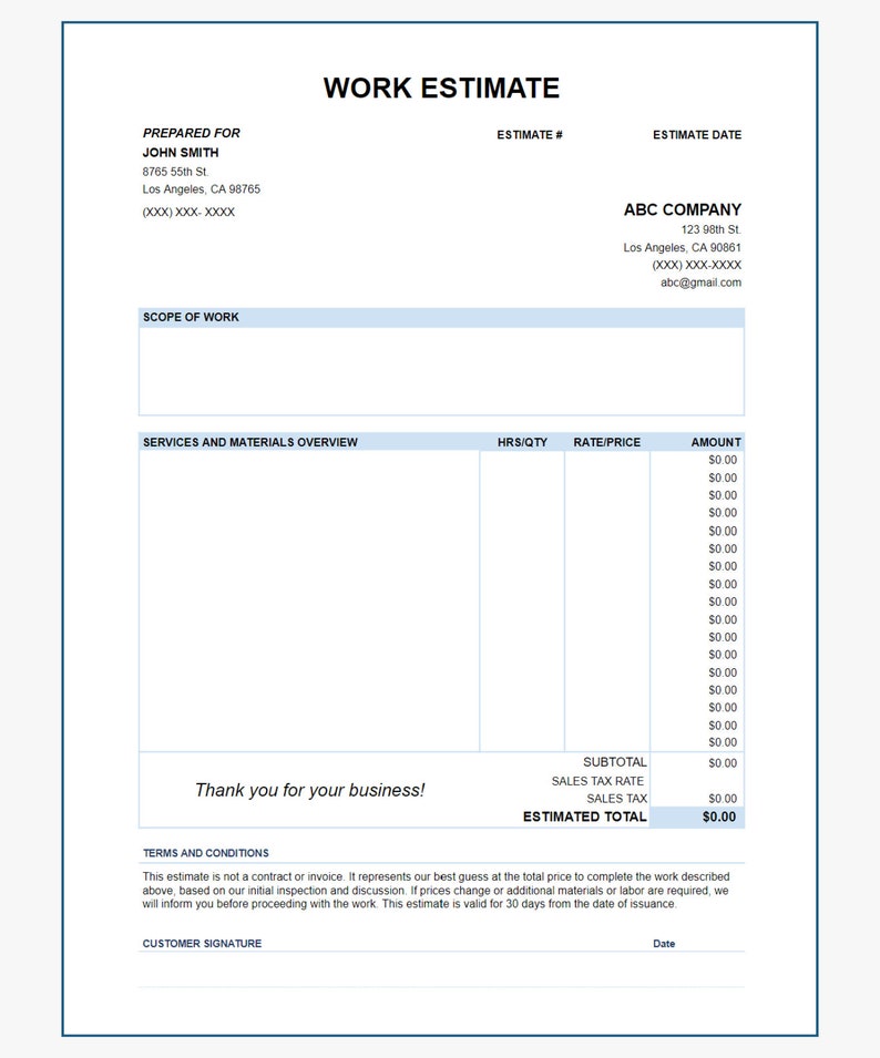 Job Estimate Template: Construction Proposal, Bid, Scope of Work (excel ...