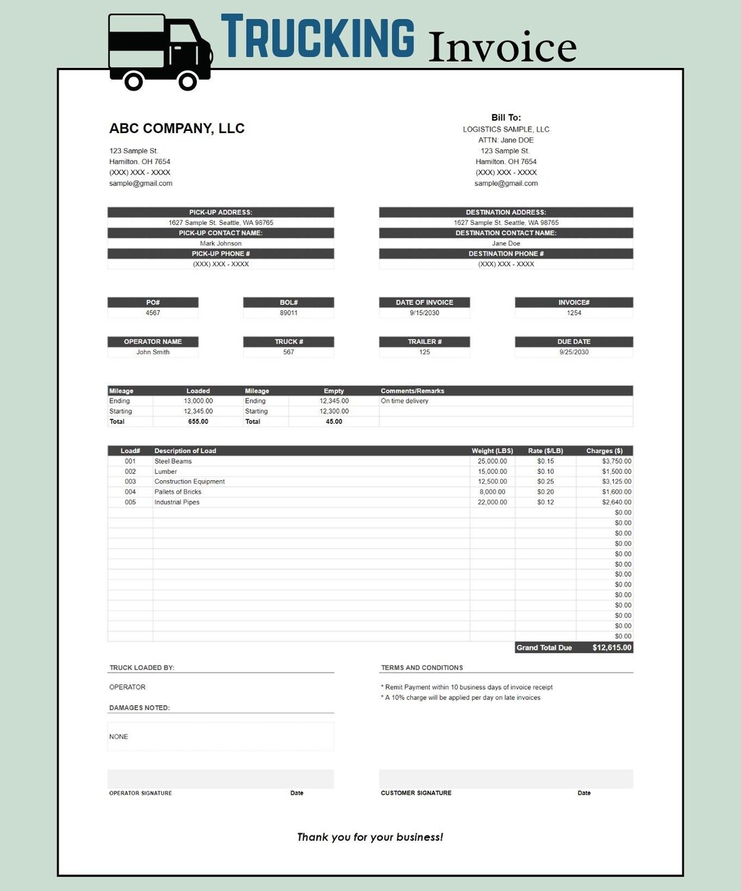 Trucking Invoice Template: Freight, Shipping, Delivery - Etsy
