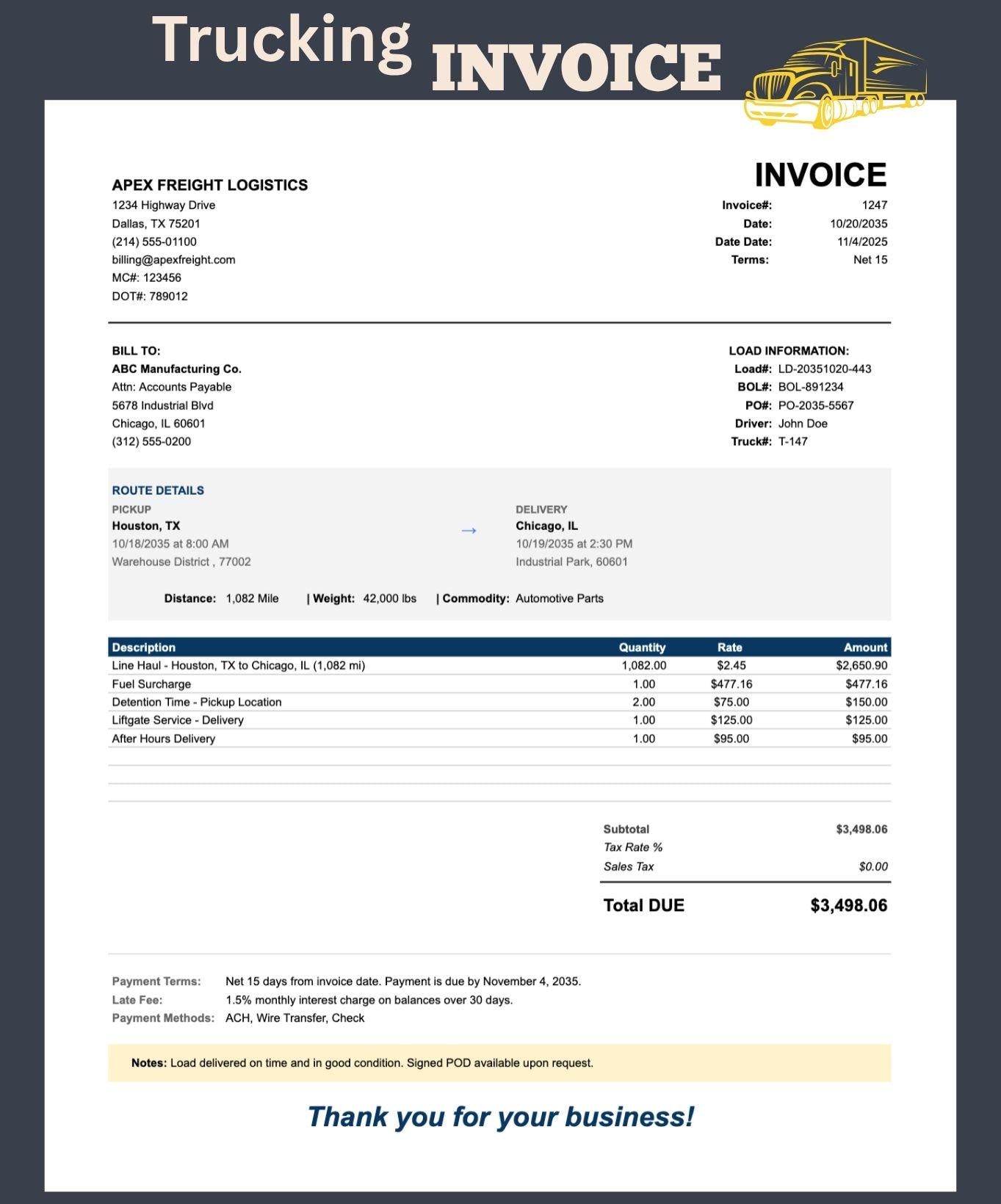 Trucking Invoice Template for Owner Operators & Freight Carriers (excel ...