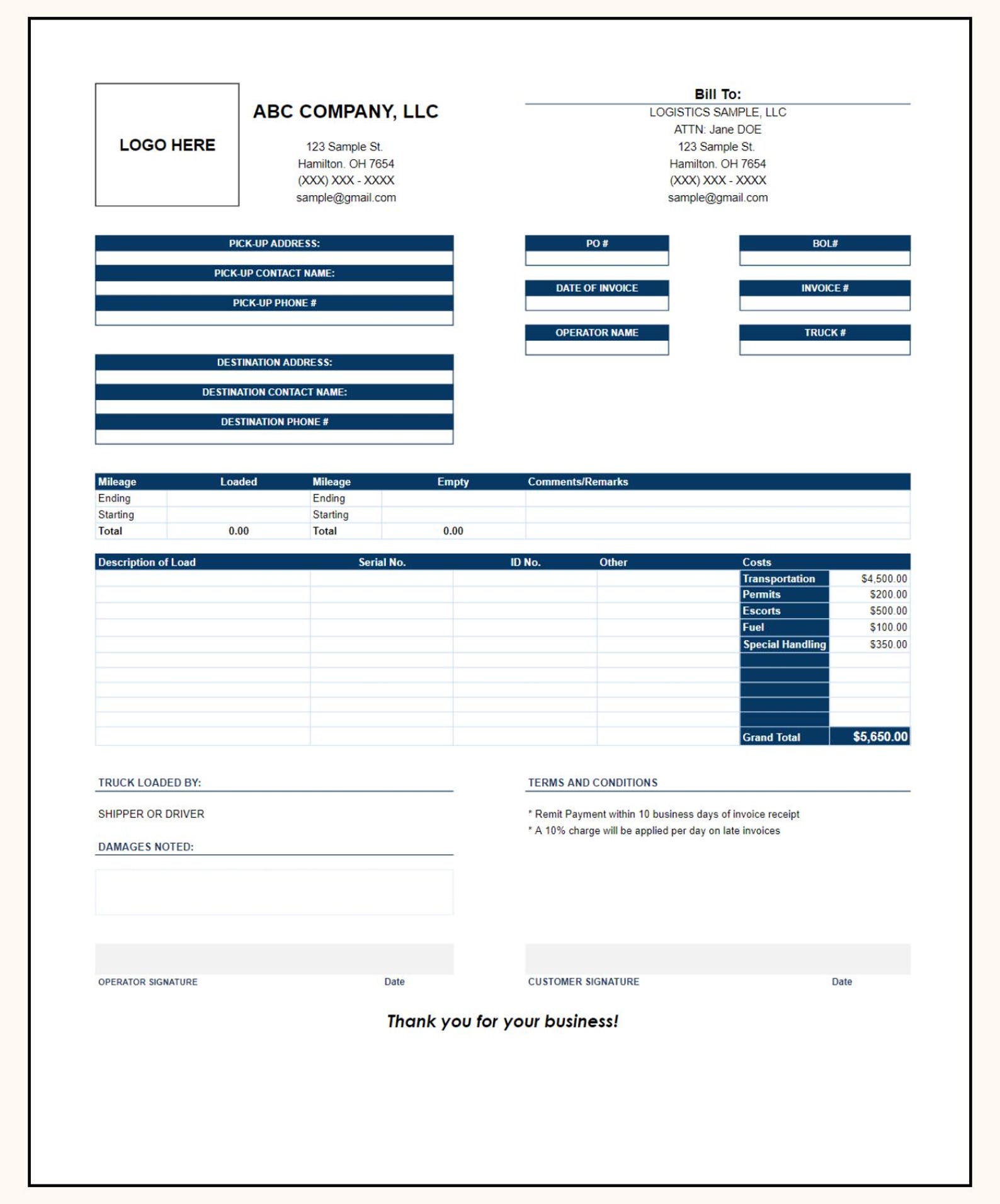 Trucking Invoice Template: Freight, Shipping, Delivery - Etsy