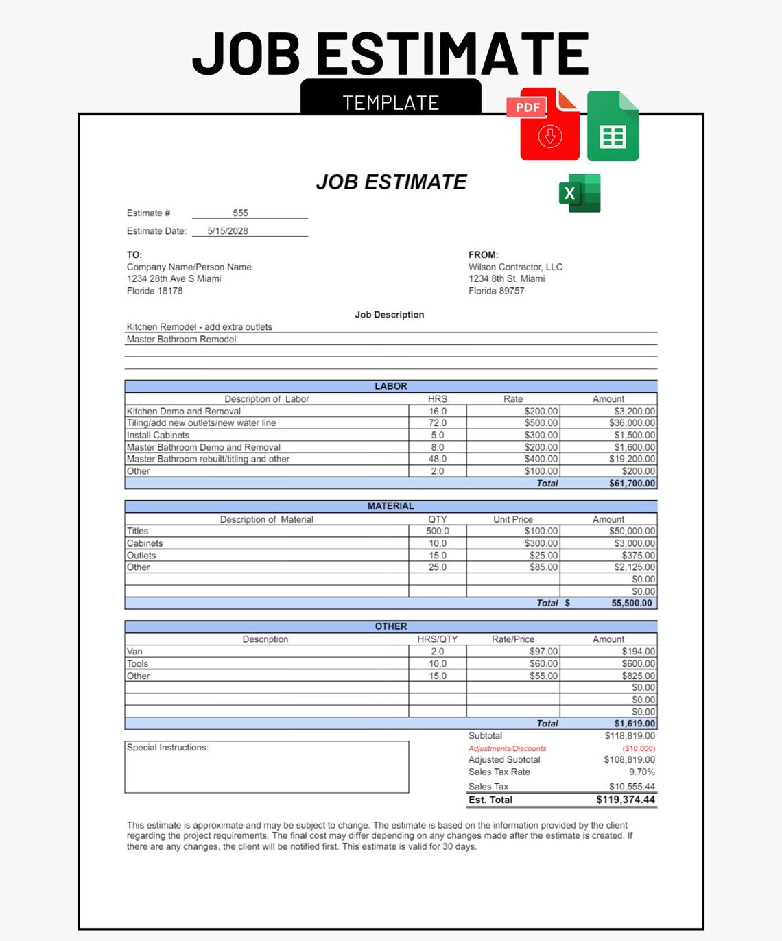 Job Estimate Template: Construction Proposal, Bid Template (excel ...