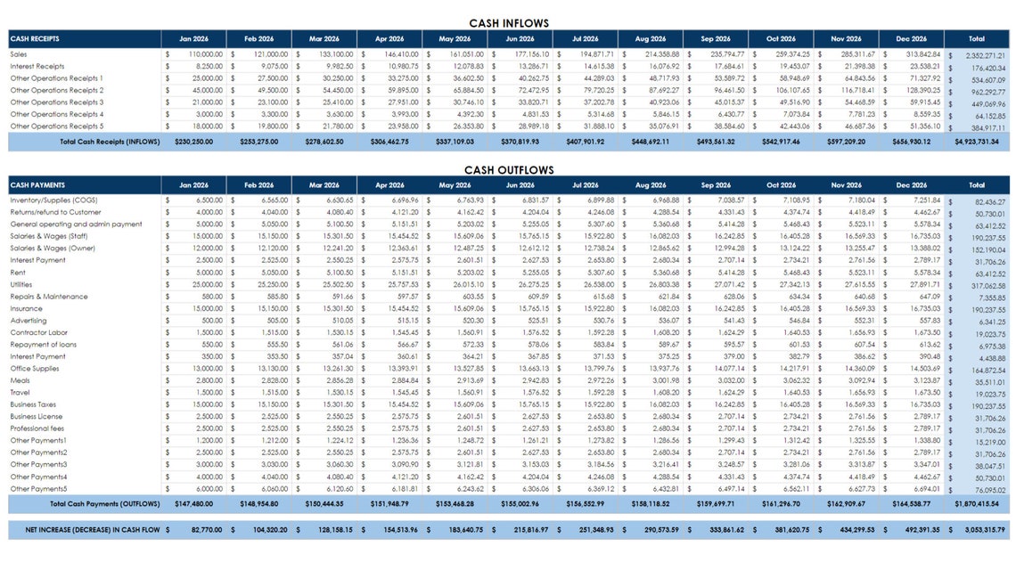 12-month Cash Flow Template: Small Business Excel (digital Download) - Etsy