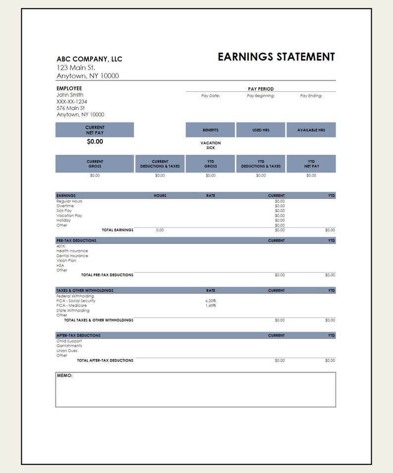 Paystub Template, Earnings Statement, Paystub Spreadsheets, Employee ...