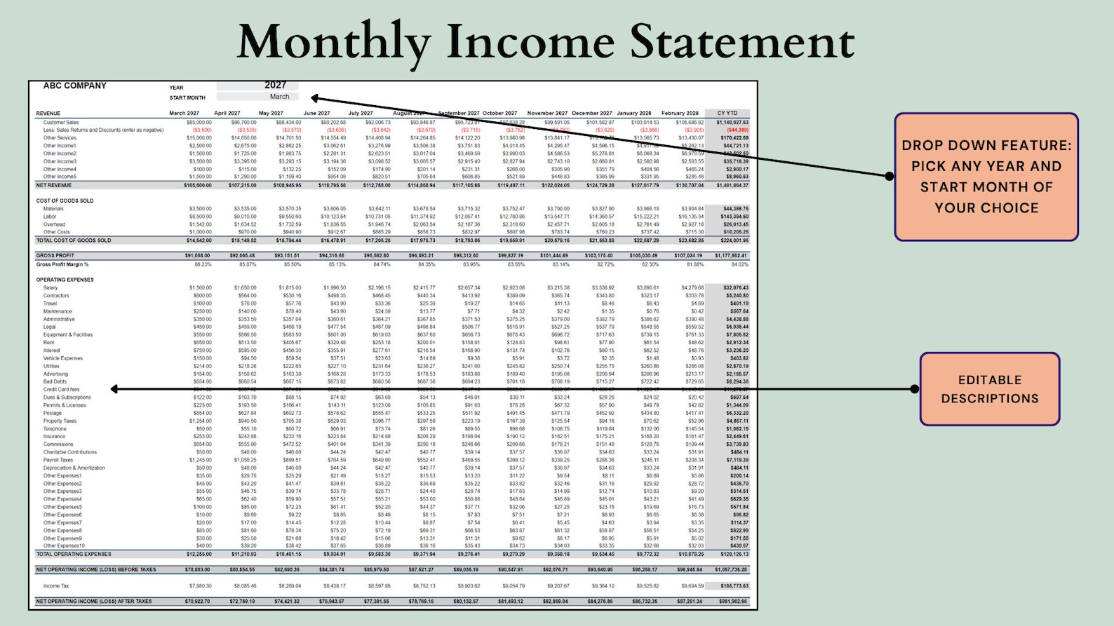Monthly Income Statement Template: Printable P&L Report - Etsy