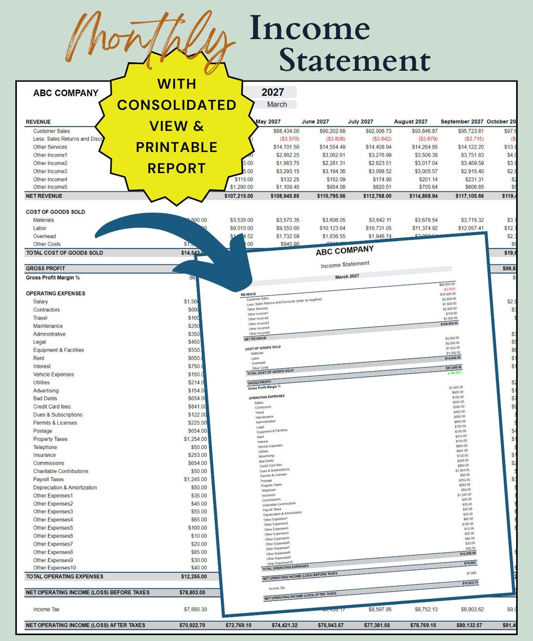 Monthly Income Statement Template: Printable P&L Report - Etsy