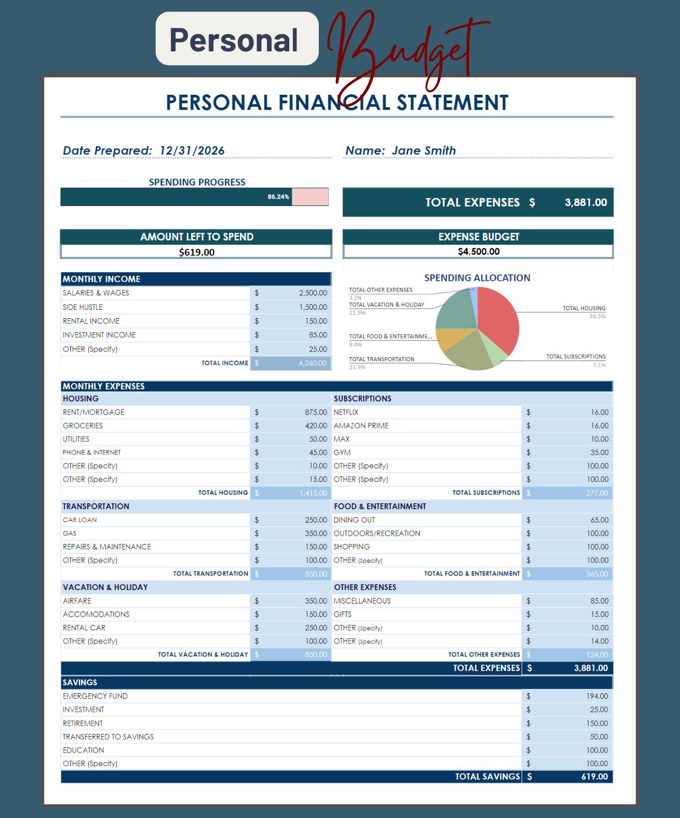 Monthly Personal Finance Spreadsheet | Income, Expenses & Budget ...