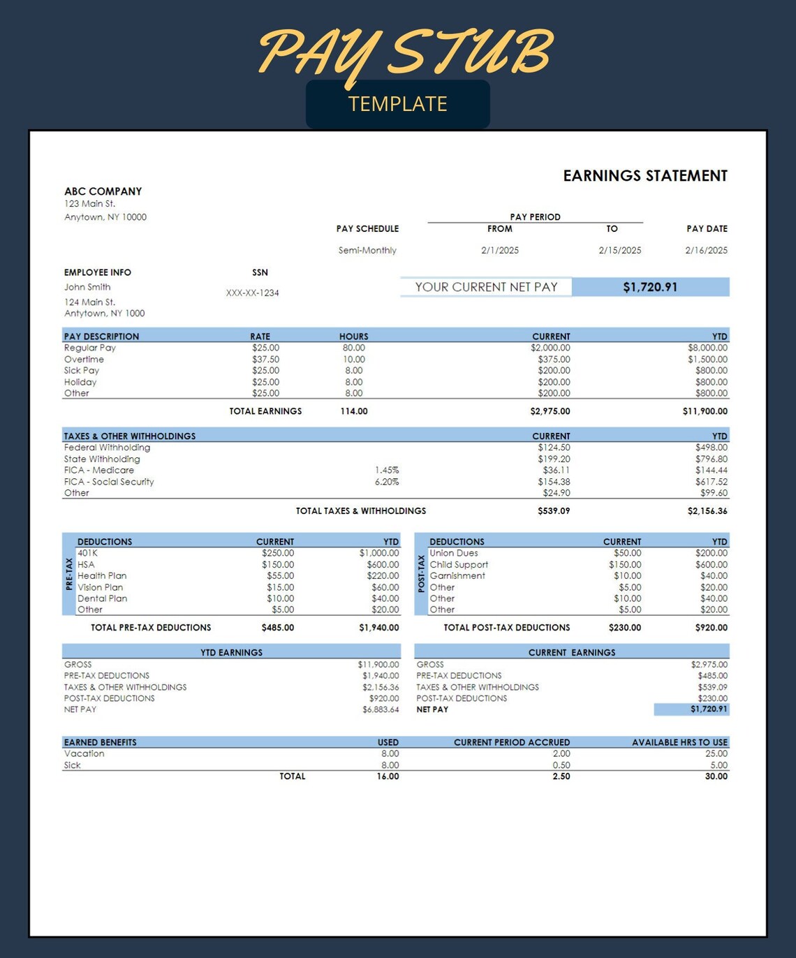Paystub Template: Earnings Statement, Payroll, Before and After Tax - Etsy