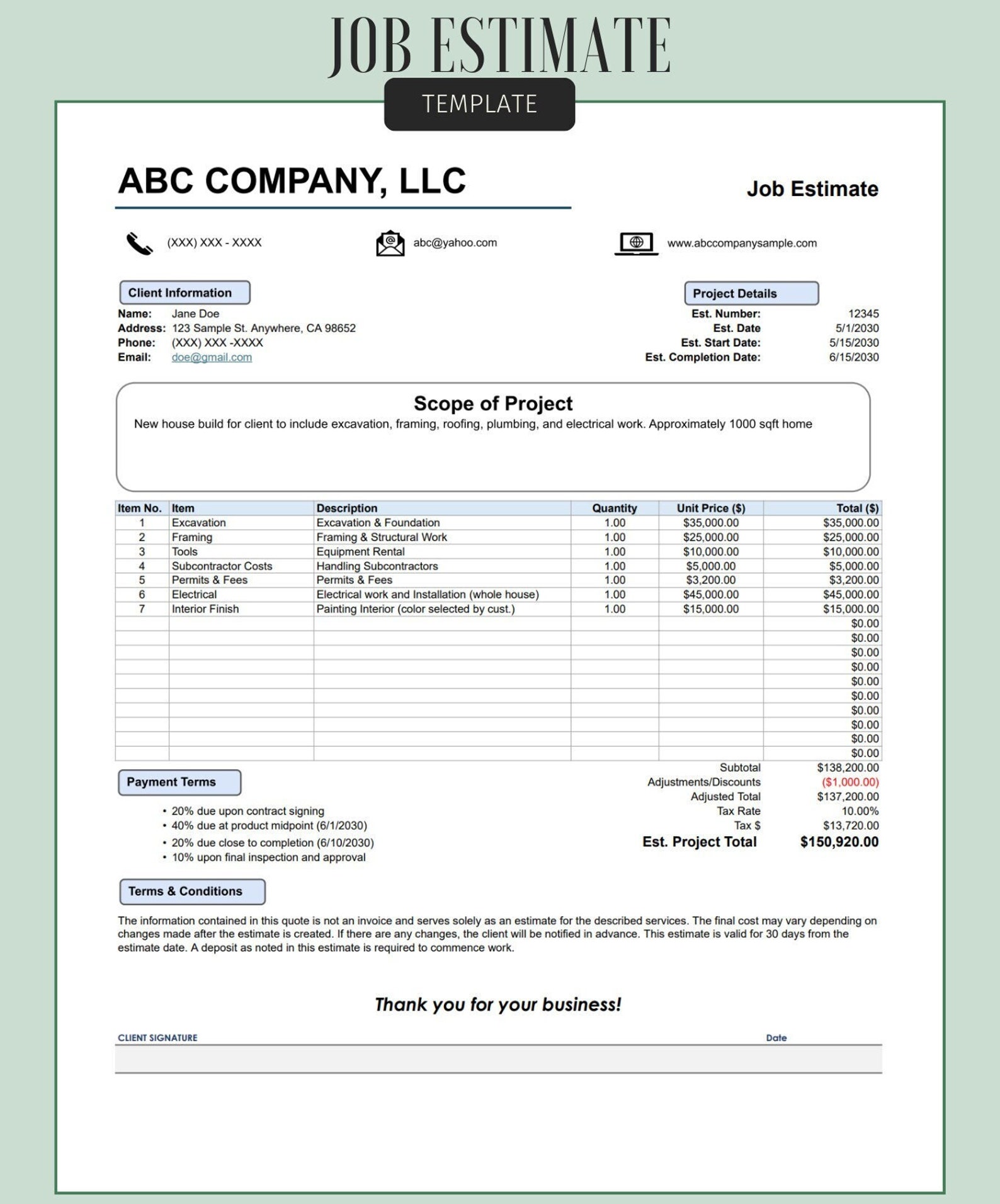 Job Estimate Template: Construction, Contractor Proposal, Bid (google ...