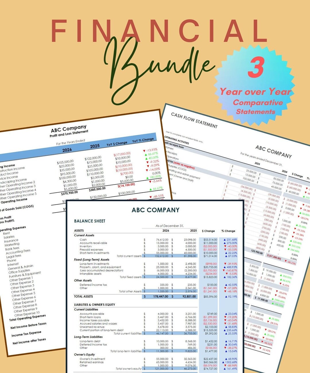 Financial Statements Bundle, Balance Sheet, Income Statement, Cash Flow ...