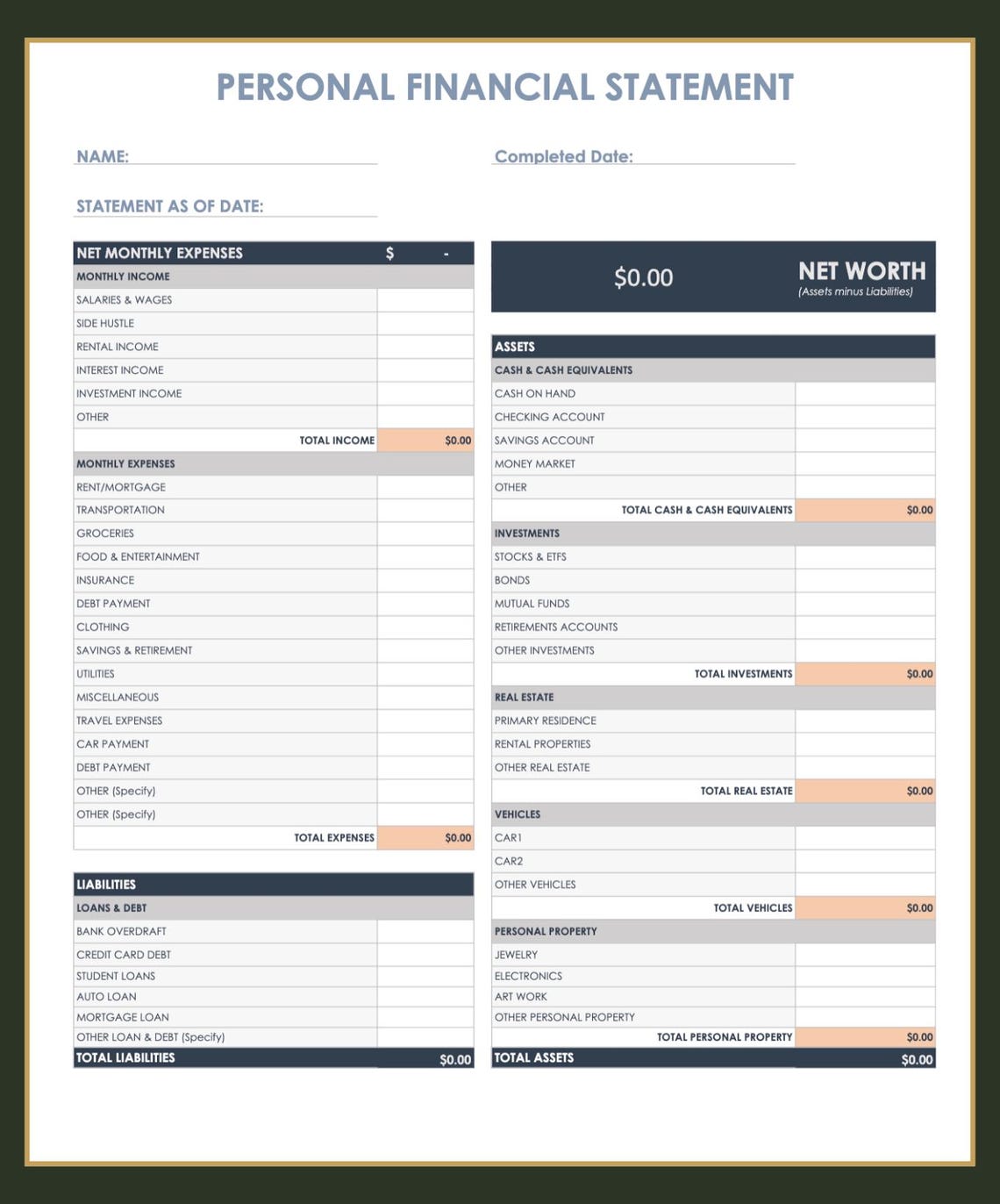 Personal Financial Statement Template: Net Worth Tracker (excel ...