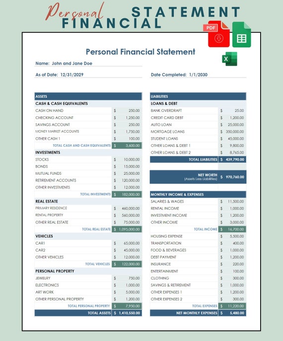Personal Financial Statement Excel Template