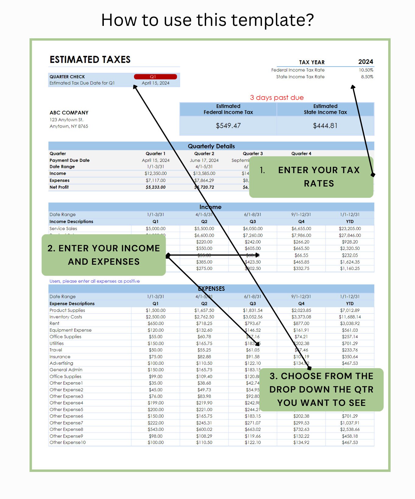 Quarterly Taxes Template, Profit and Loss Template, Estimated Taxes ...