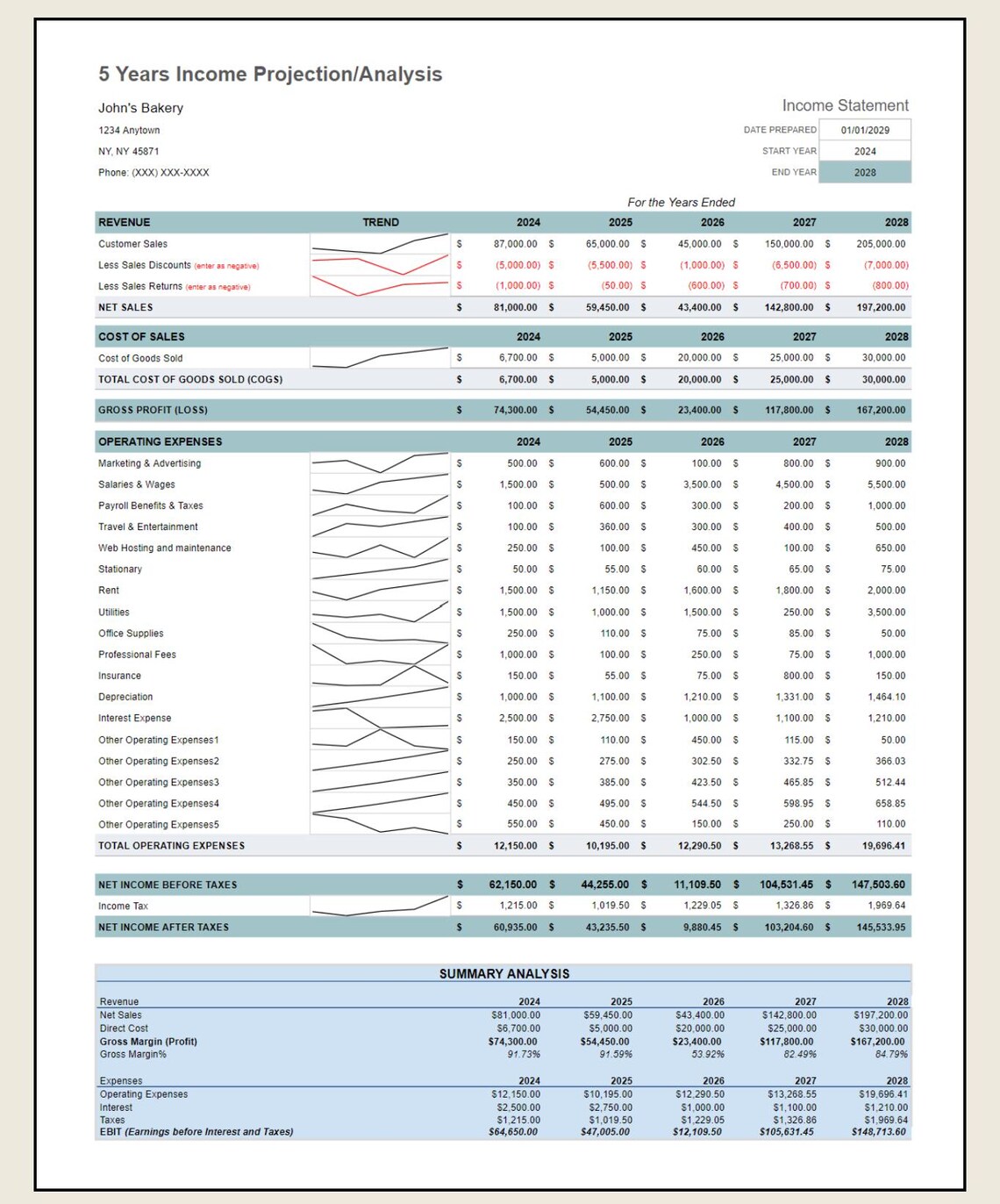 Pro Forma Income Statement Template | 5-year Income & Expense Analysis ...