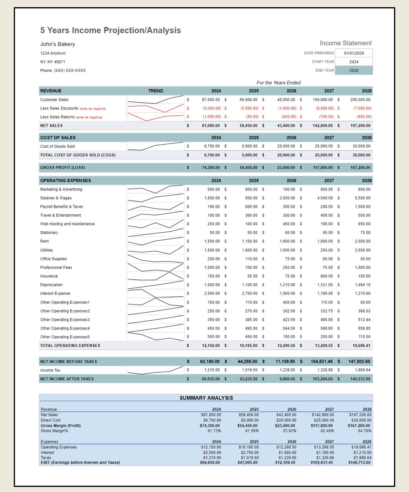 Pro Forma Income Statement Template | 5-year Income & Expense Analysis ...