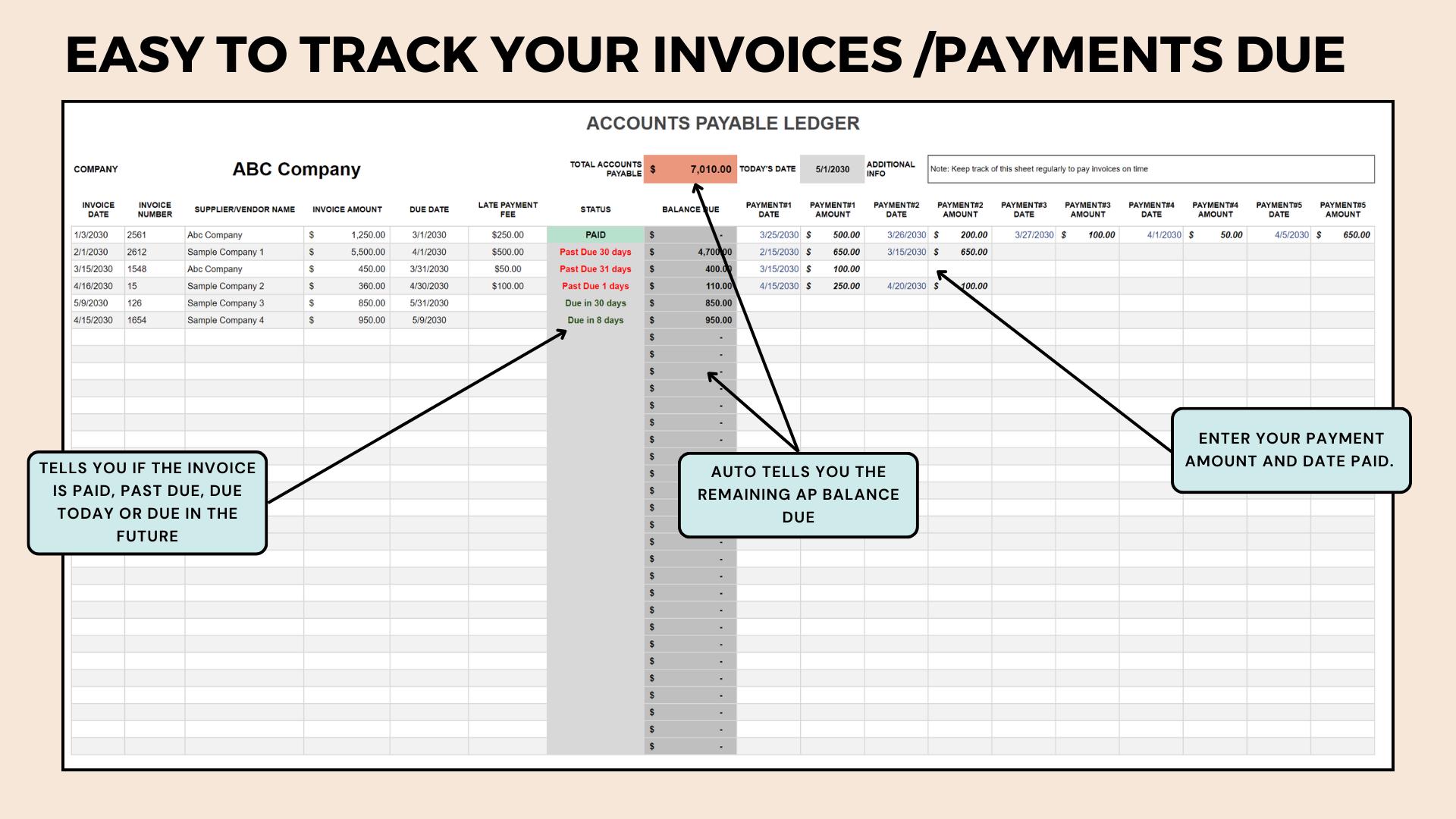 Accounts Payable Template: Small Business Vendor Payment Ledger - Etsy