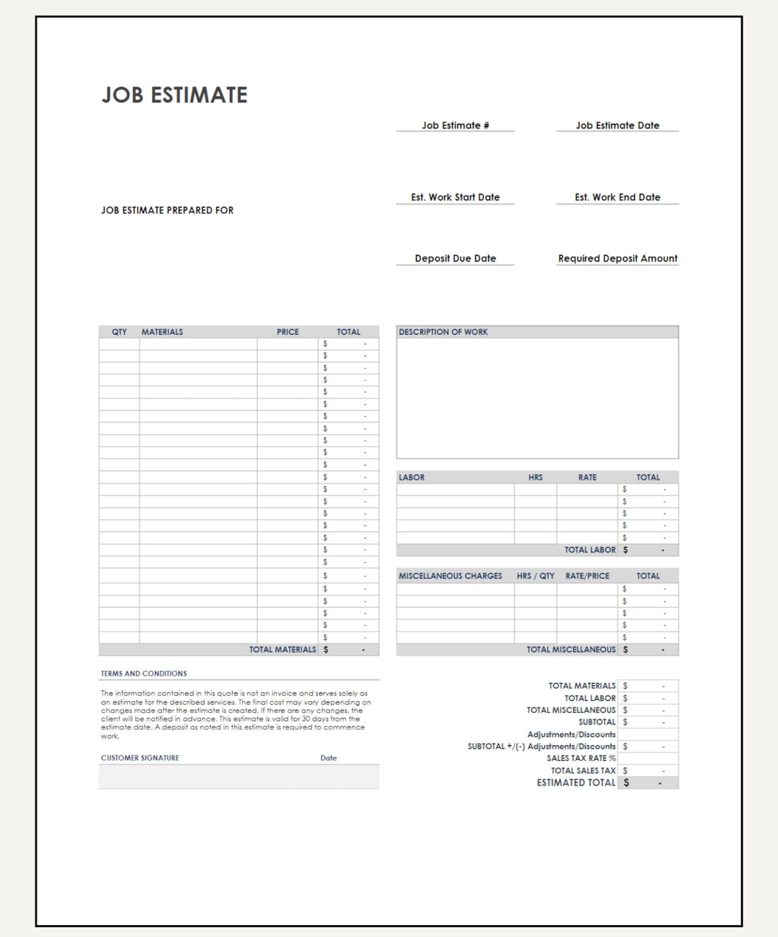 Job Estimate Template, Bid Template, Job Proposal, Construction ...