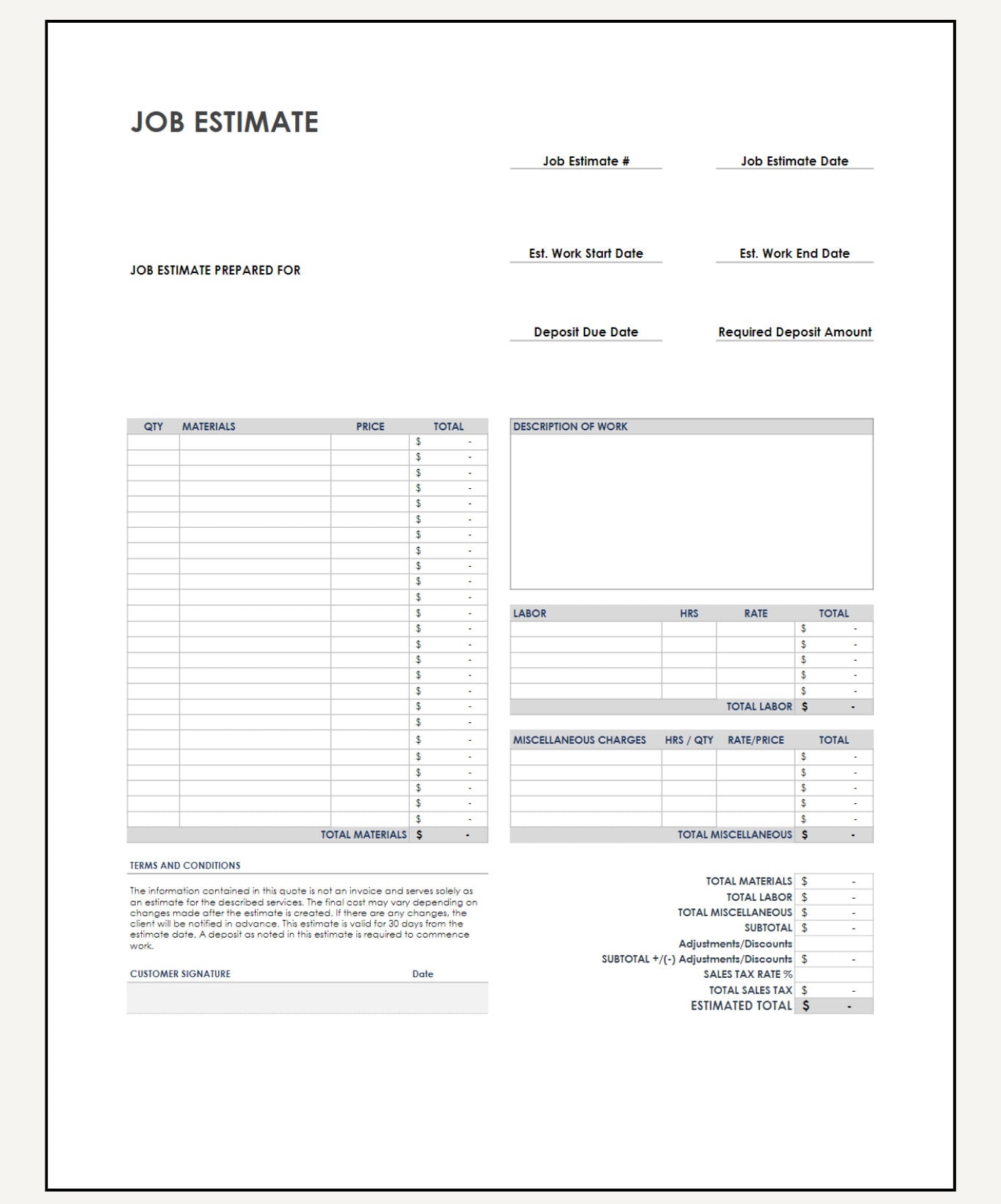Job Estimate Template, Bid Template, Job Proposal, Construction ...