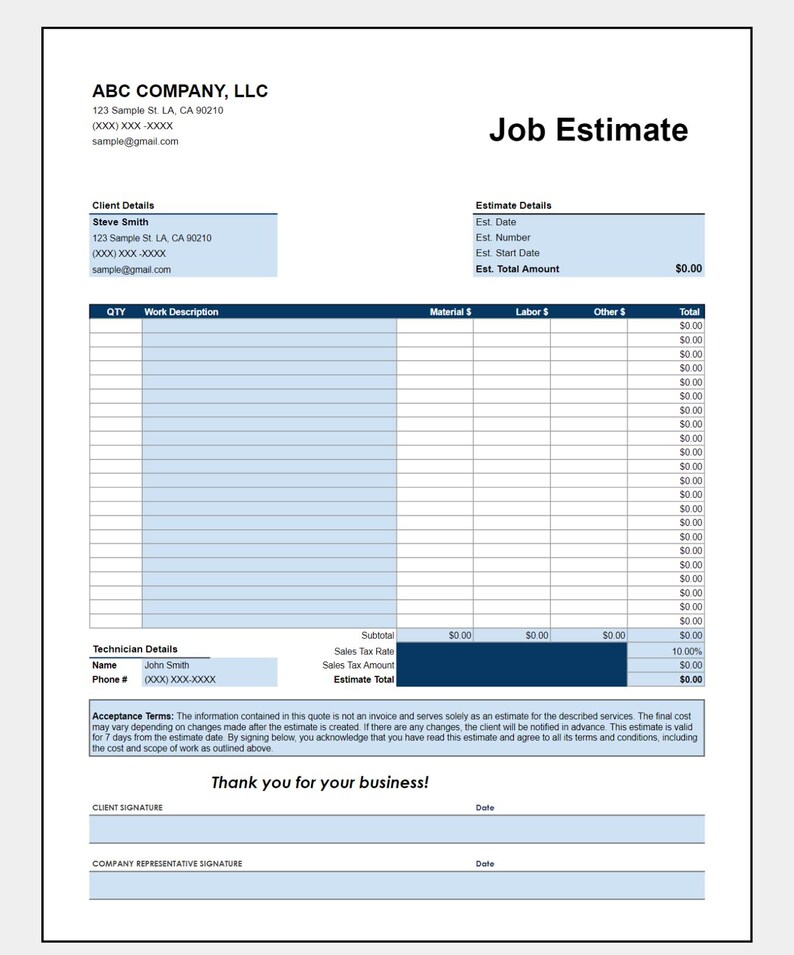 Job Estimate Template: Contractor Proposal (google Sheets & Excel) - Etsy
