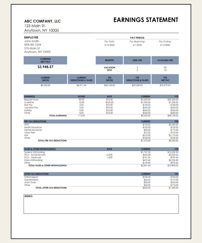 Paystub Template, Earnings Statement, Paystub Spreadsheets, Employee ...