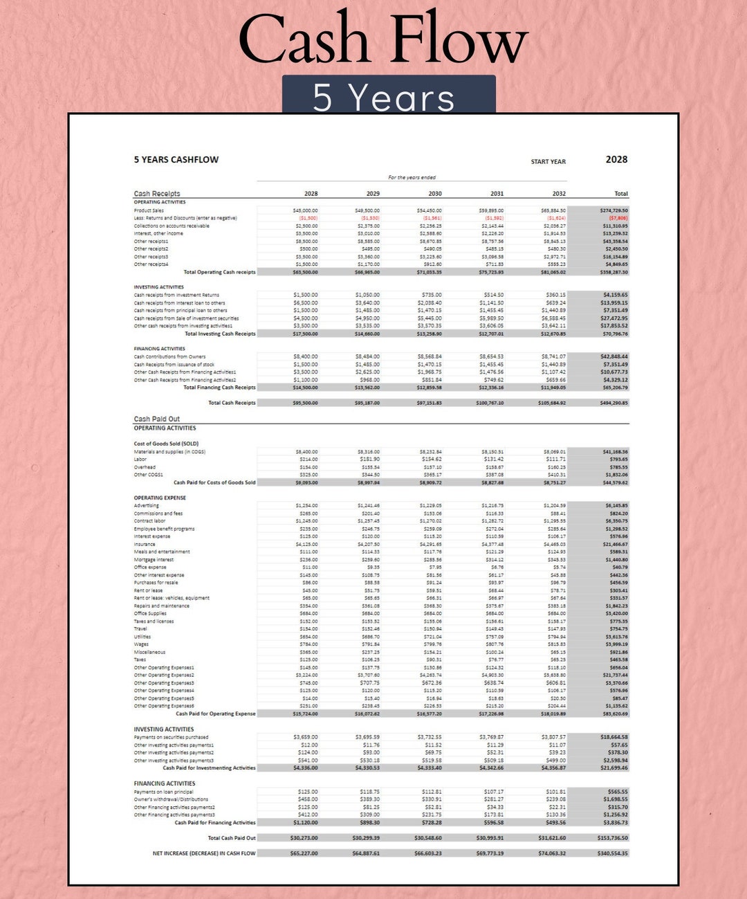Cash Flow Statement, Cash Flow Template, Cashflow Projection, Five ...
