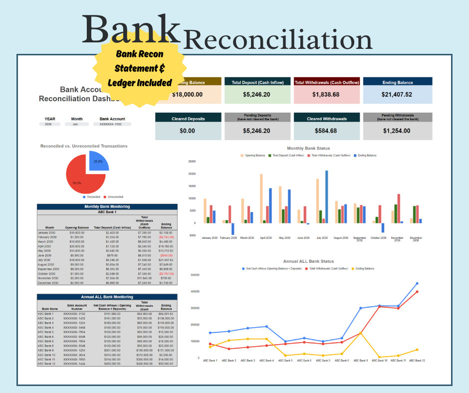 Bank Reconciliation, Bank Cashflow, Bank Ledger Tracker, Bank Account ...
