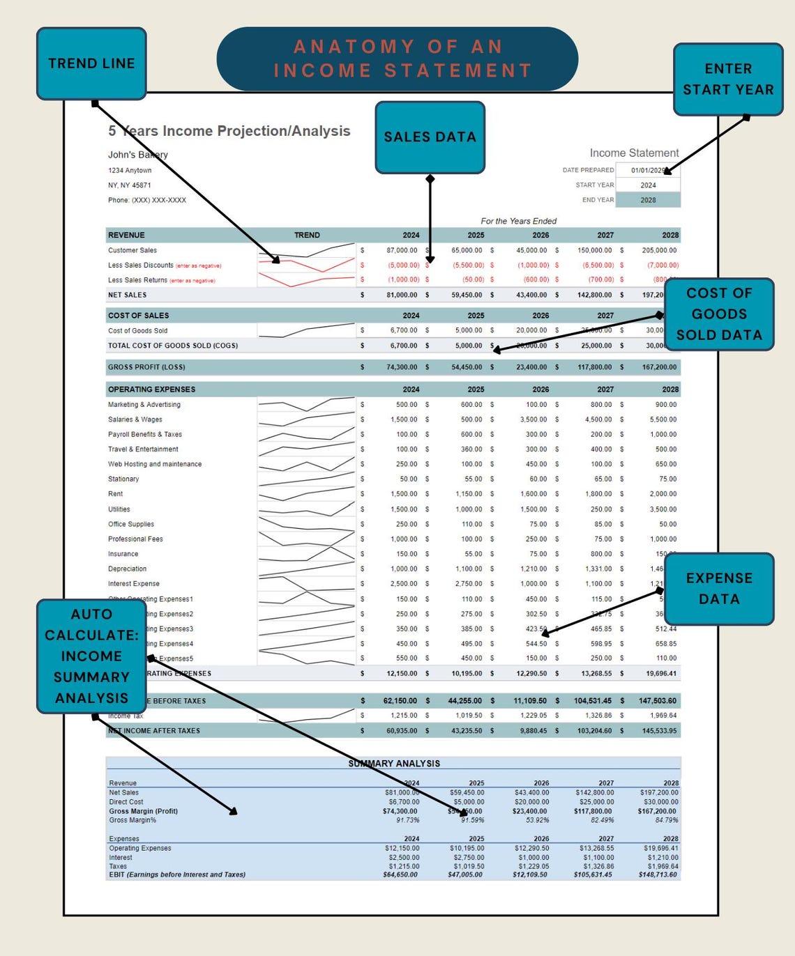 Pro Forma Income Statement Template | 5-year Income & Expense Analysis ...