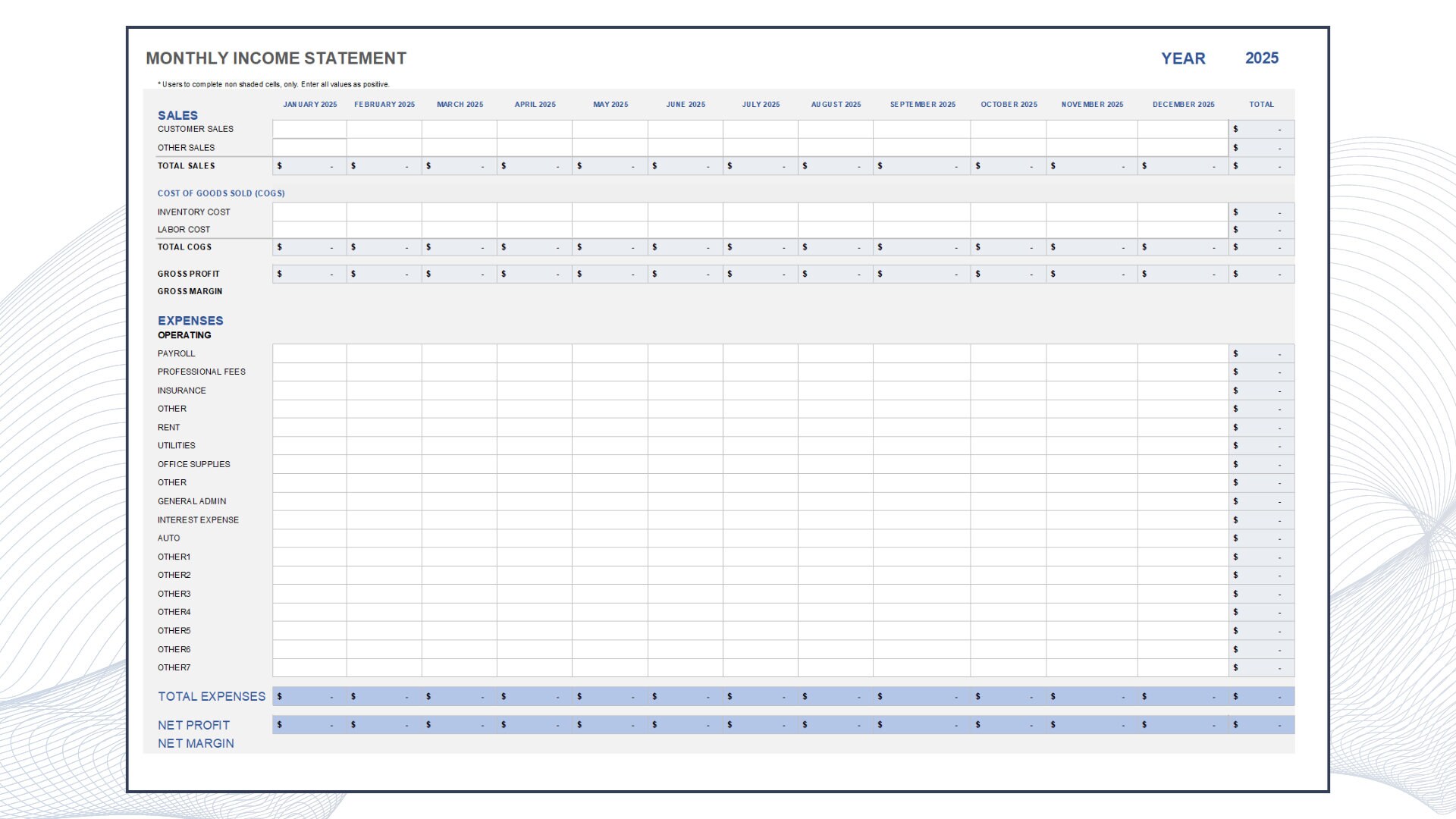 Monthly Profit and Loss Statement, Monthly Income Statement, Sales ...
