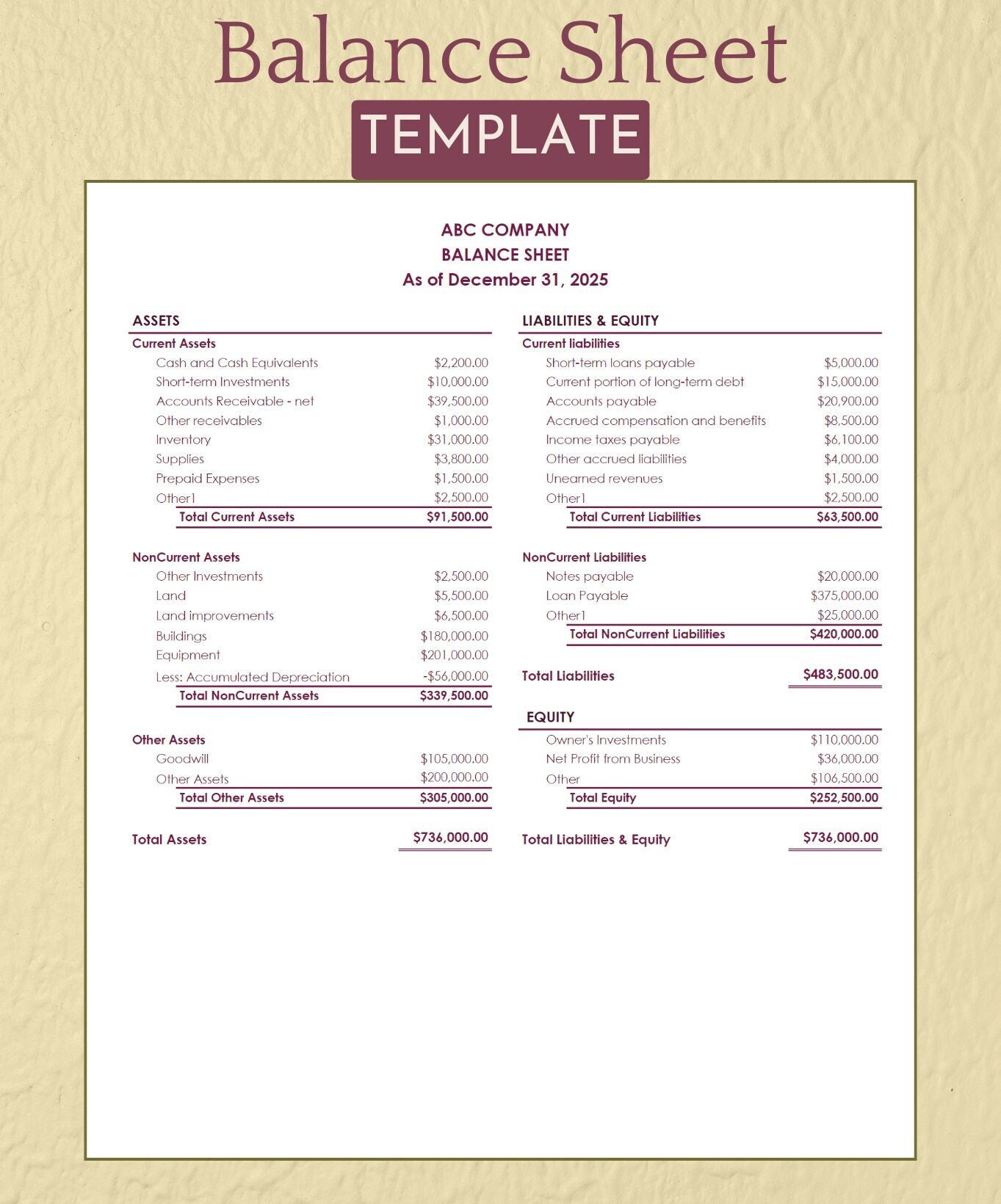 Simple Balance Sheet Template: Small Business Financial Statement ...